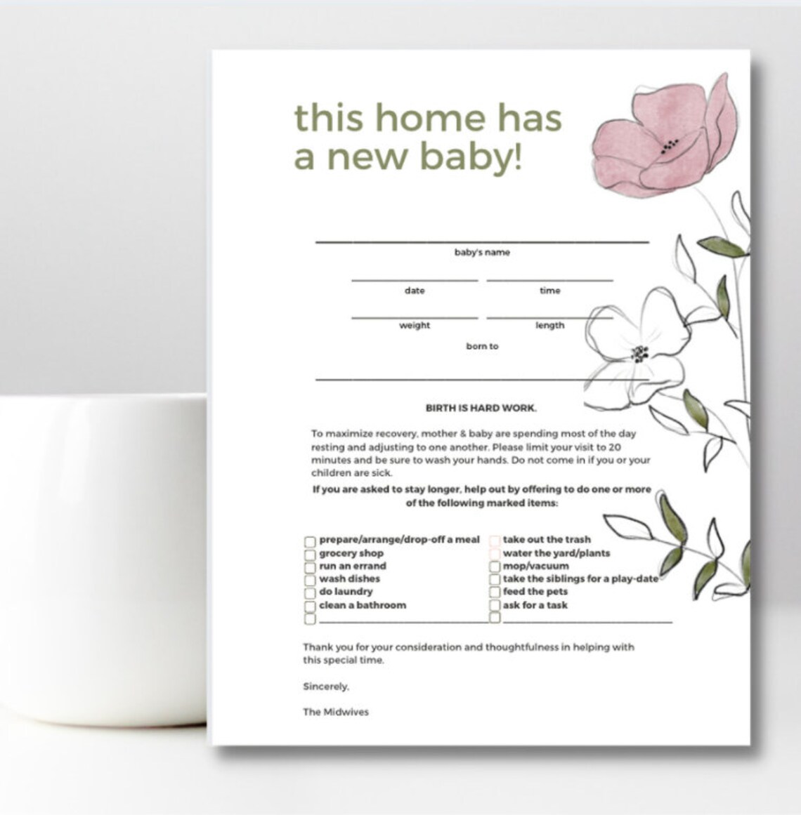 New Baby Door Sign Floral Printable PDF Midwife Doula - Etsy