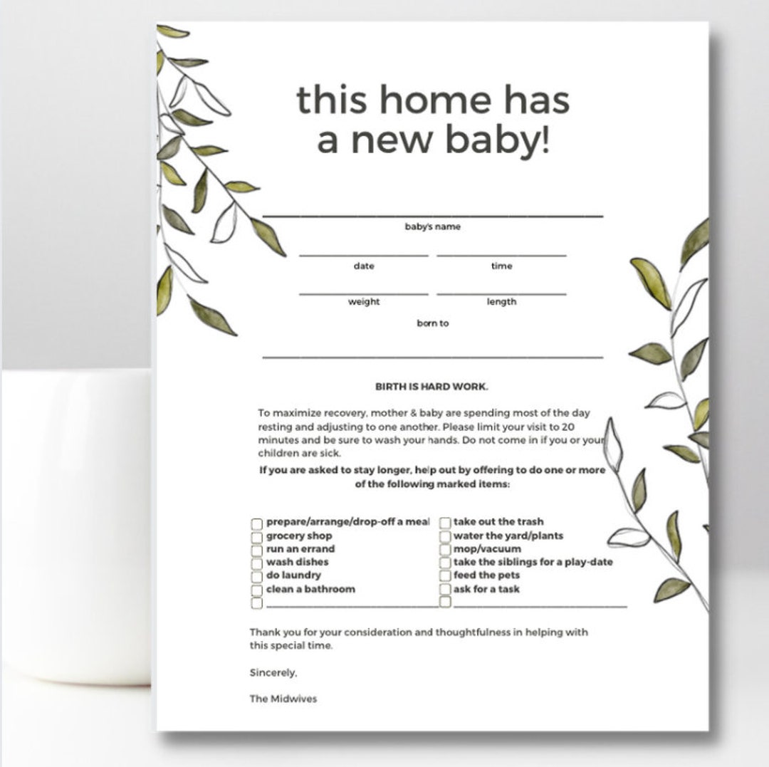 New Baby Door Sign Greenery Printable PDF Midwife, Doula, Childbirth ...