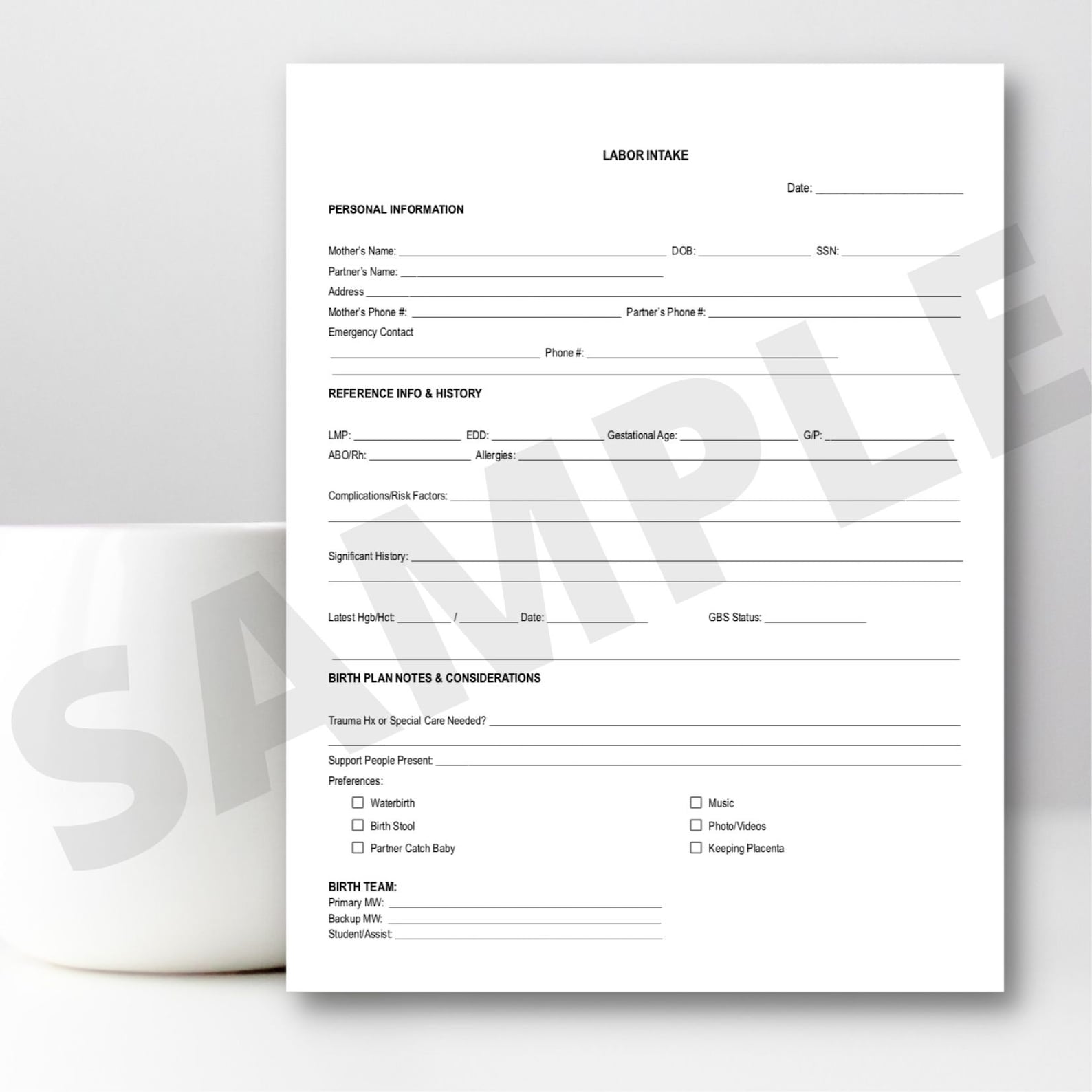 Midwife Client Labor Intake Paperwork | Printable PDF for Midwifery ...