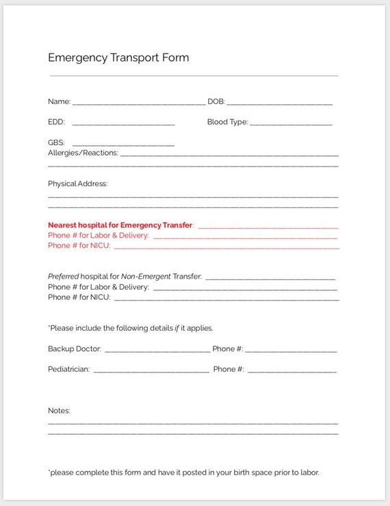 Emergency Transport Form Printable PDF Midwife Doula - Etsy