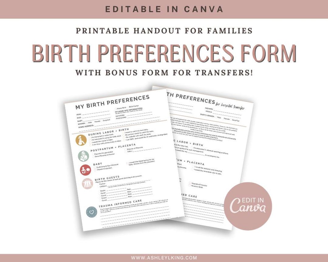 Birth Preferences Form | Printable Handout, Editable in Canva (PDF) - Etsy