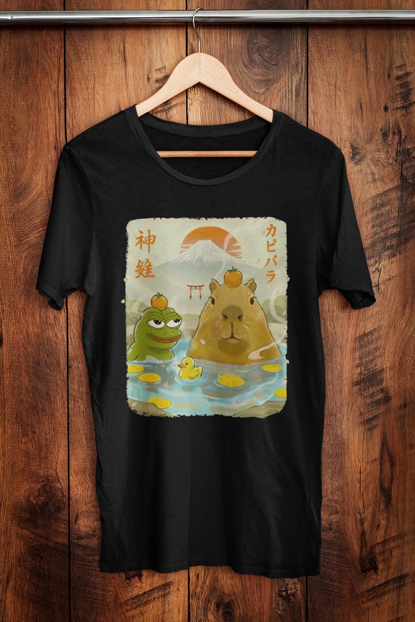 Pepe Capybara Onsen Shirt Funny Meme Tee Japanese Aesthetic Mt Fuji Hot ...