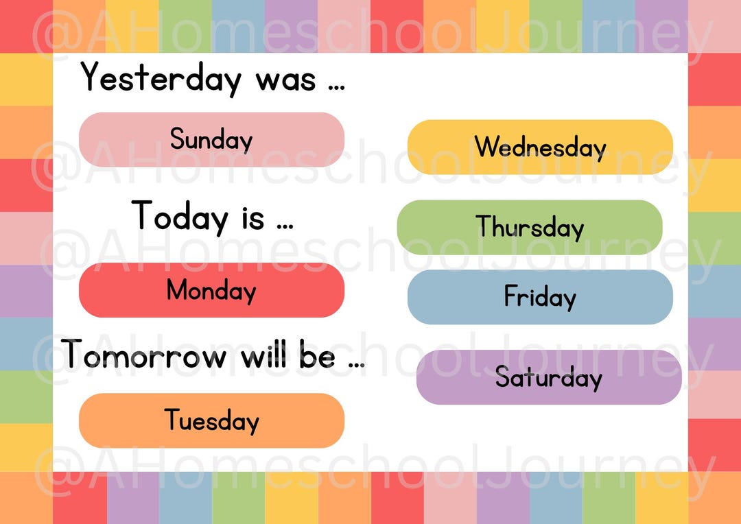 Days of the Week Printable | Today is Yesterday Was Tomorrow Will Be ...