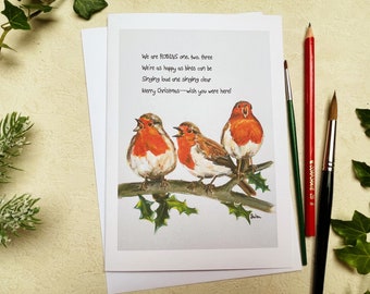 Christmas Card - Cute Robins With Buttons - Paper Handmade Greeting ...