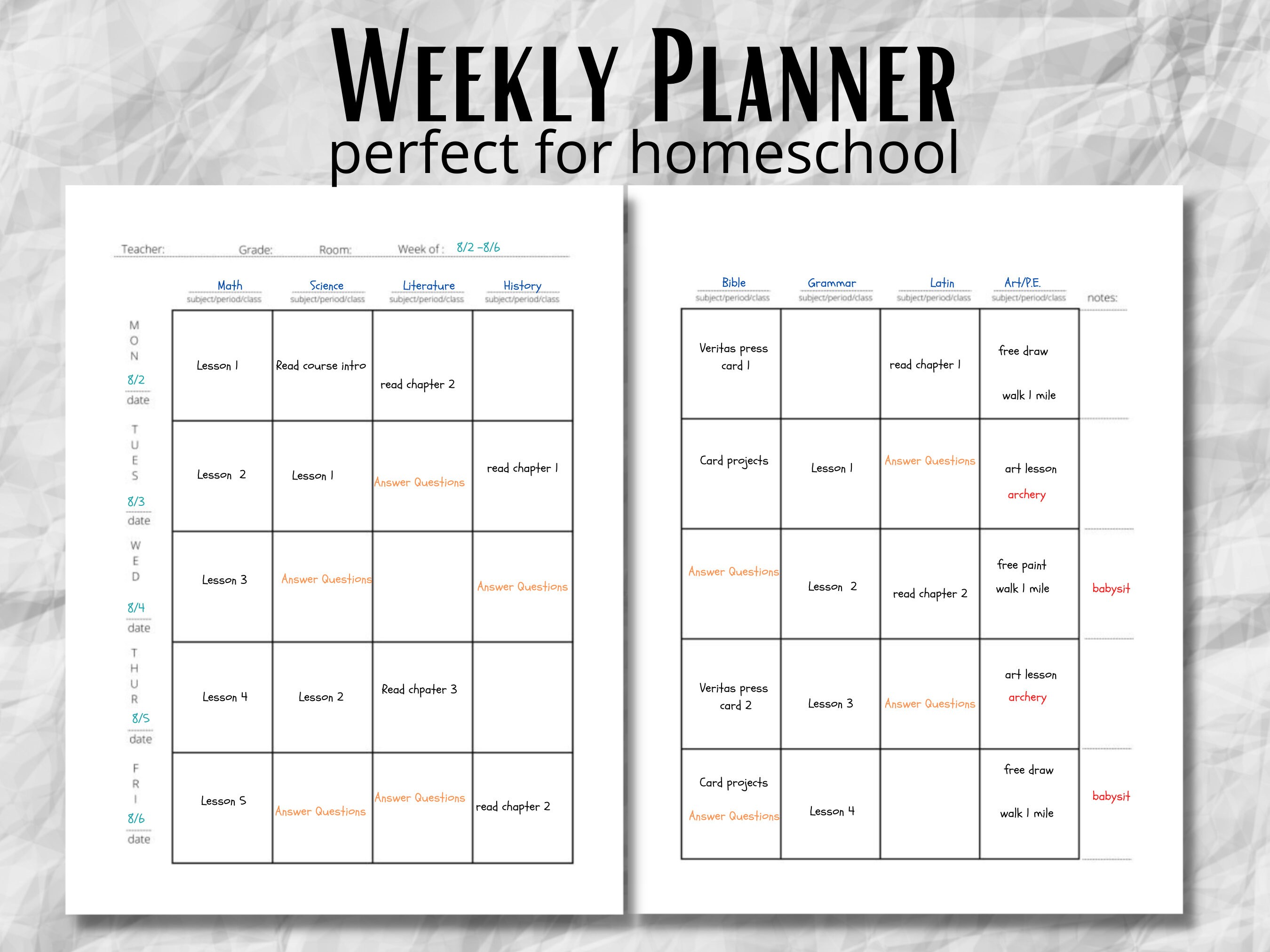Weekly Planner, Lesson Plans and Homeschooling, Undated Letter Size ...