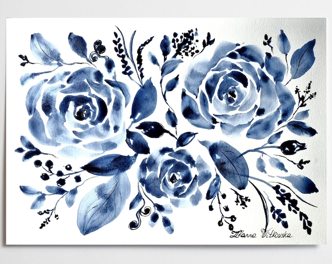 Blue Rose Painting Original Art Watercolor Rose Artwork Flower ...