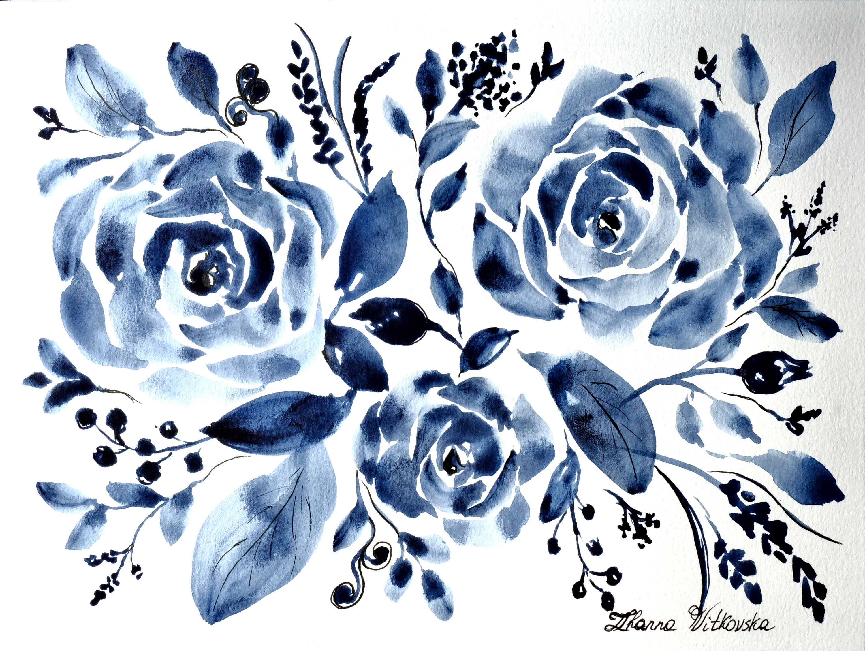 Blue Rose Painting Original Art Watercolor Rose Artwork Flower - Etsy