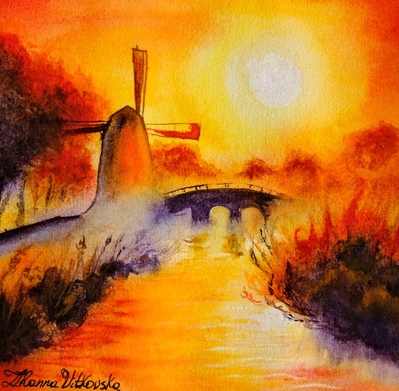 Windmill Painting Original Watercolor Holland Sunset Landscape Art by ...