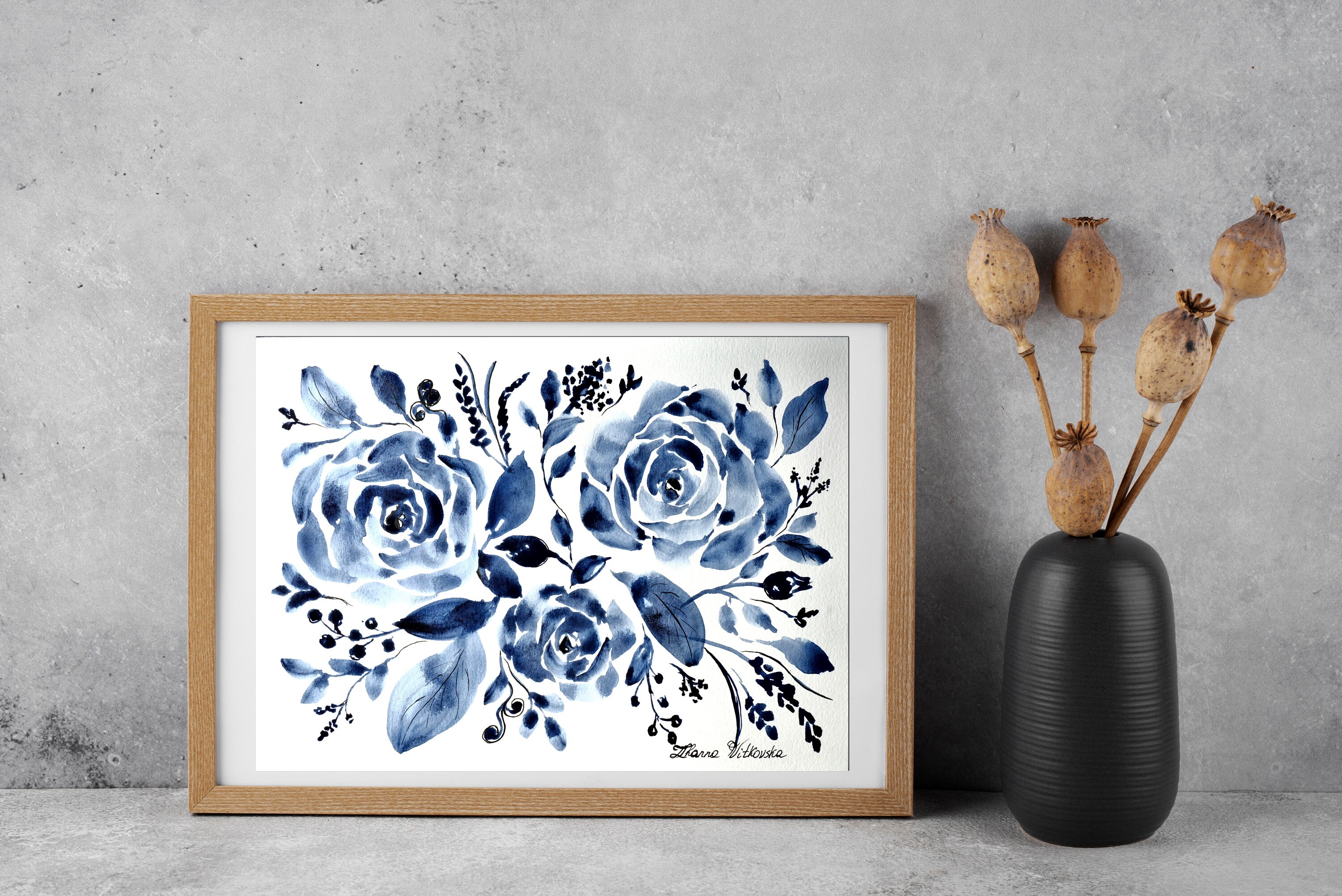 Blue Rose Painting Original Art Watercolor Rose Artwork Flower - Etsy