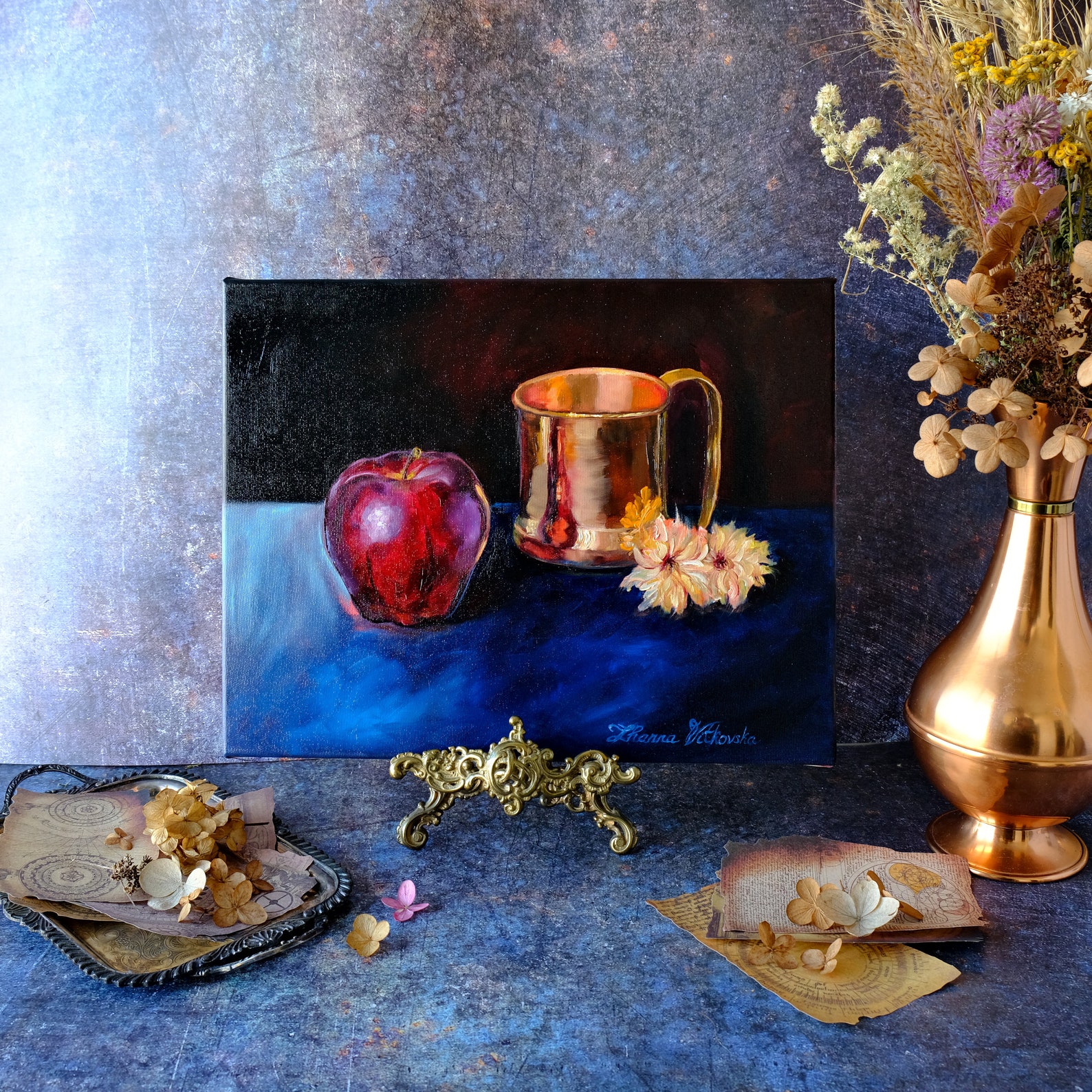 Copper Mug Painting Original Art Apple Painting Fruit Artwork Still ...