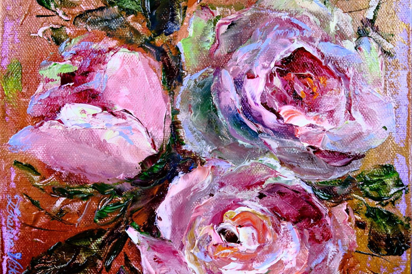 Pink Rose Oil Painting Floral Original Artwork Roses Impasto Painting ...