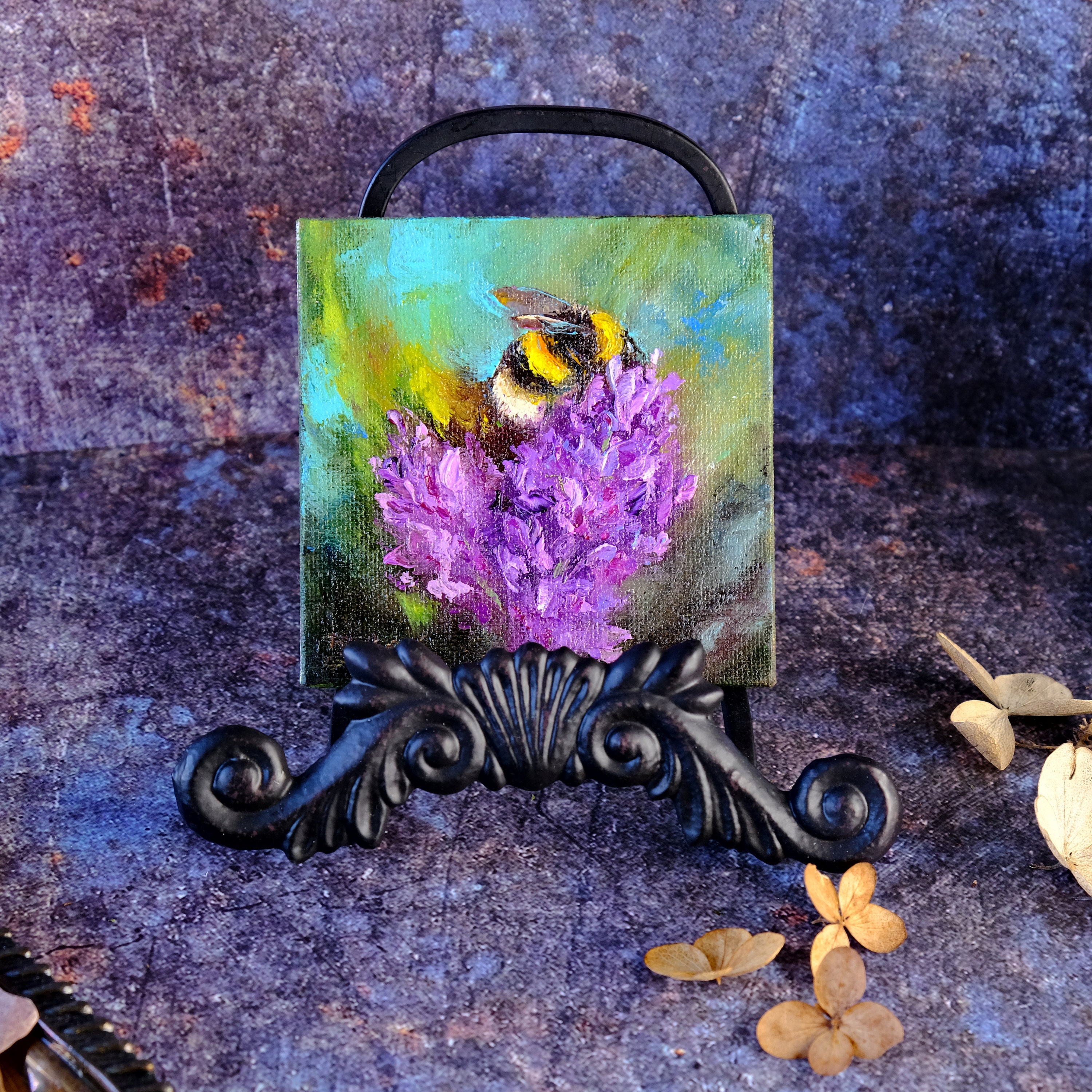 Bumblebee Painting Original Art Lavender Artwork Flower Painting Bee ...