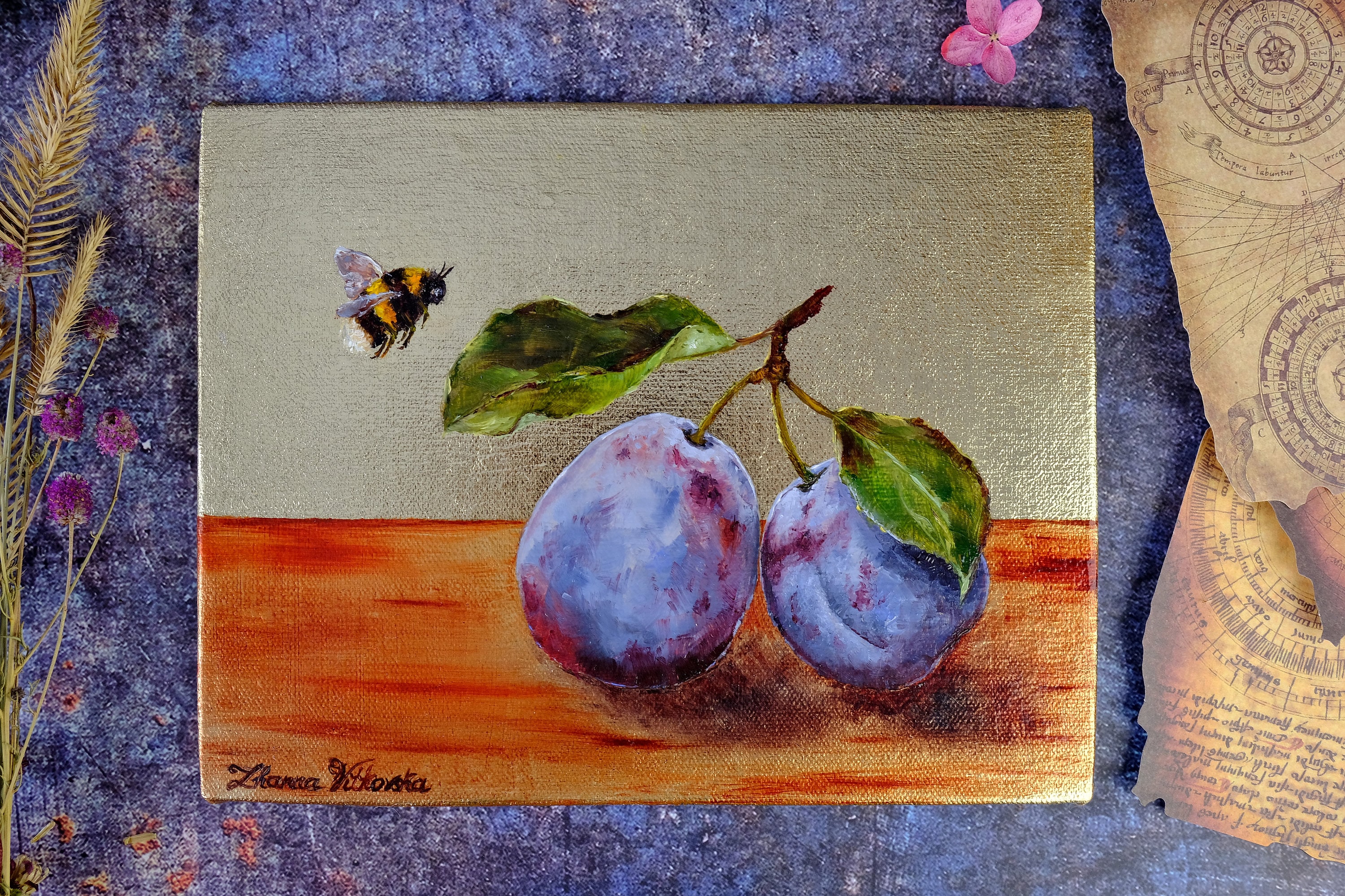 Plum Painting Bumblebee Painting Original Art Fruit Painting - Etsy