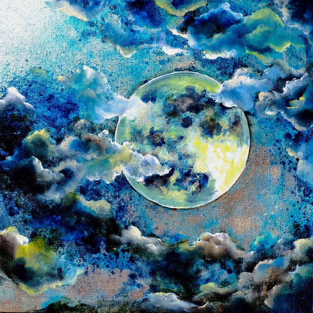 Moon Painting Original Art Sky Painting Full Moon Painting Silver Leaf ...