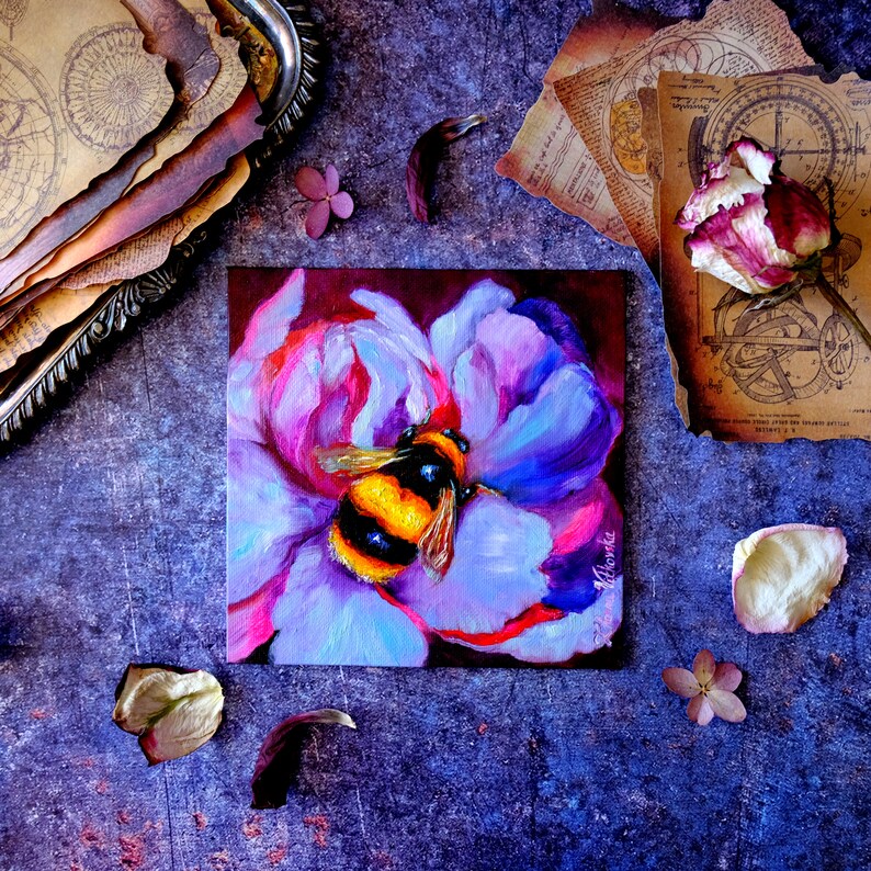 Bumblebee Painting Original Art Flower Artwork Bee Painting 6 by 6 by ...