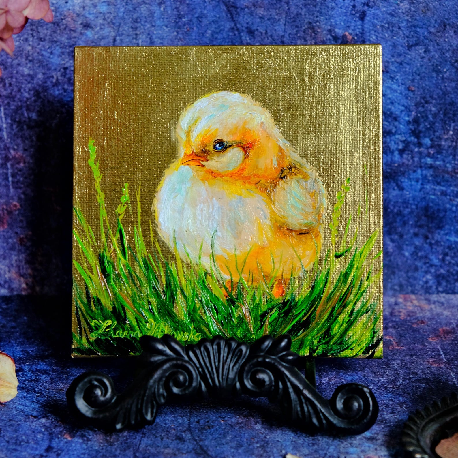 Chick Painting Original Art Animal Oil Painting Bird Artwork Gold Leaf ...