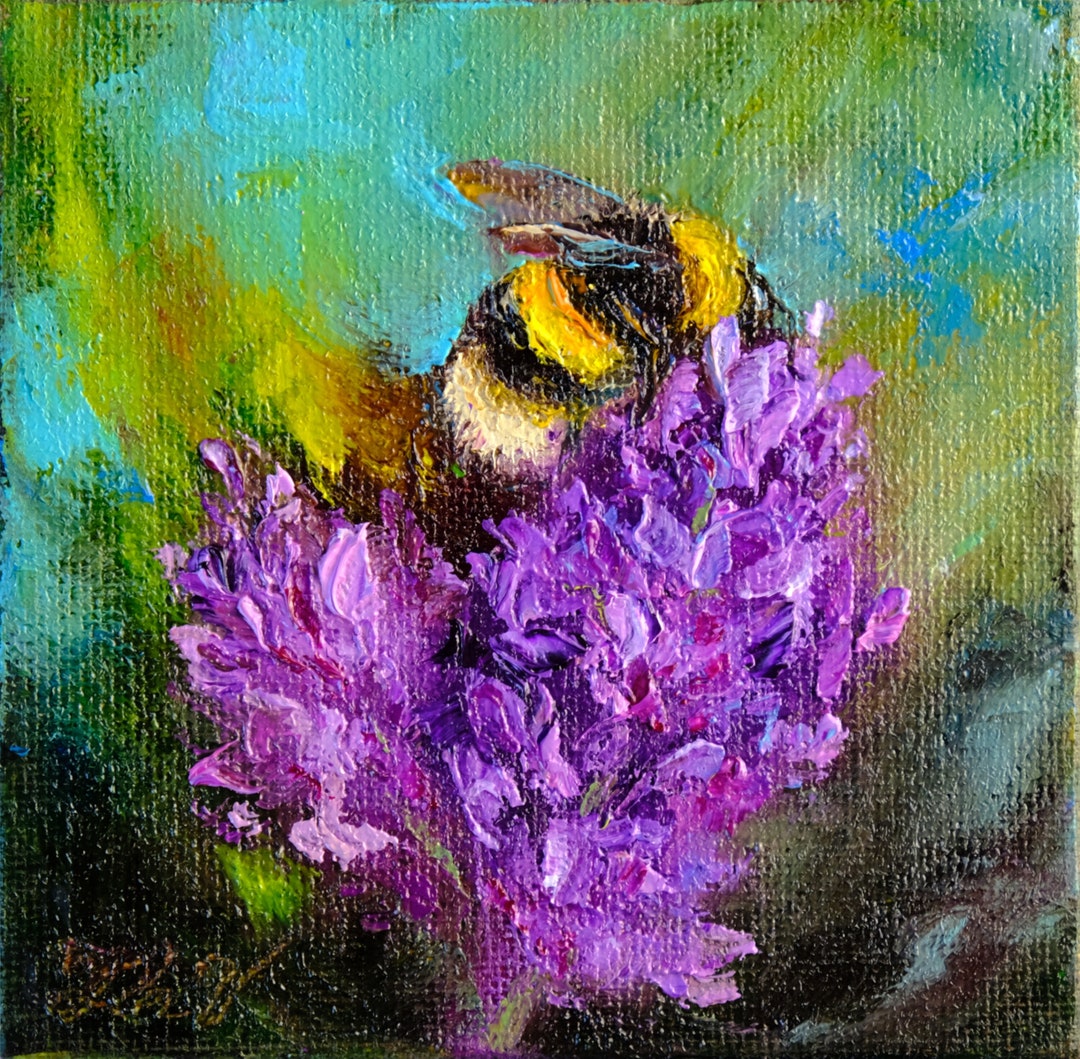 Bumblebee Painting Original Art Lavender Artwork Flower Painting Bee ...