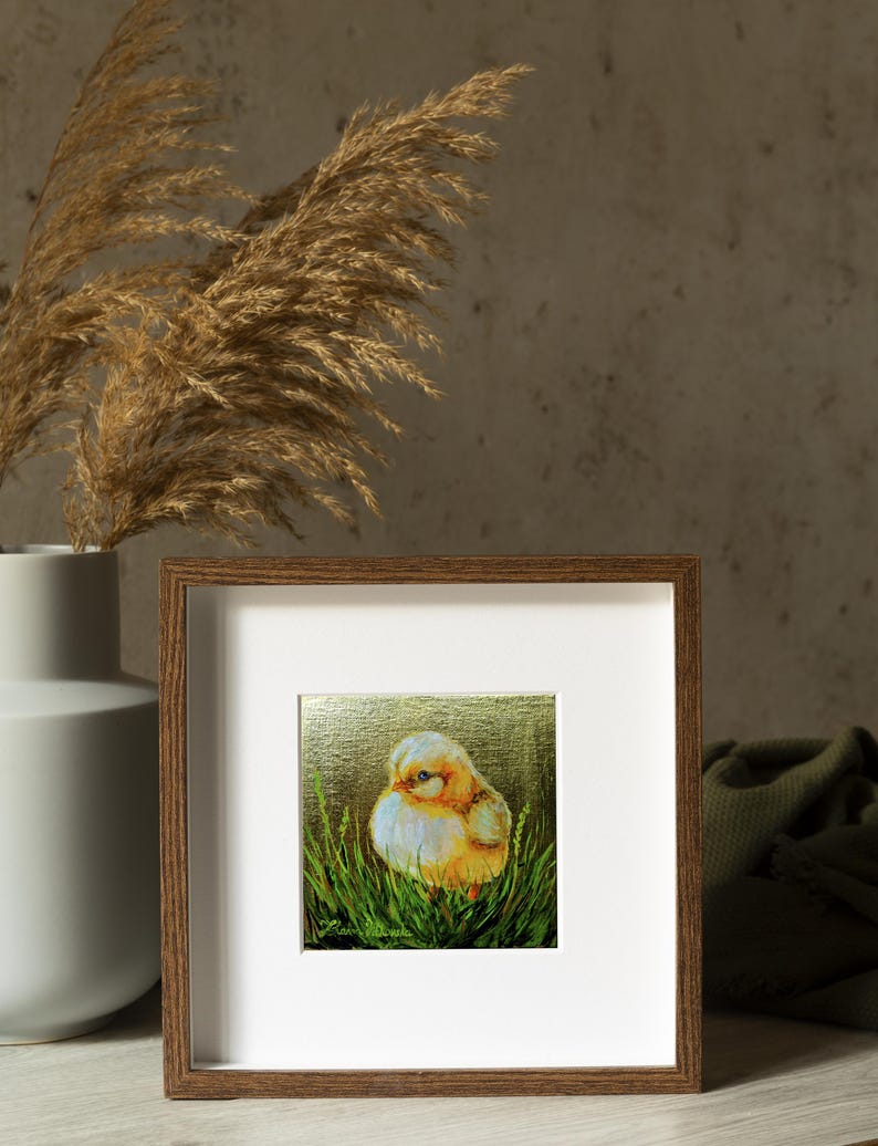 Chick Painting Original Art Animal Oil Painting Bird Artwork Gold Leaf ...