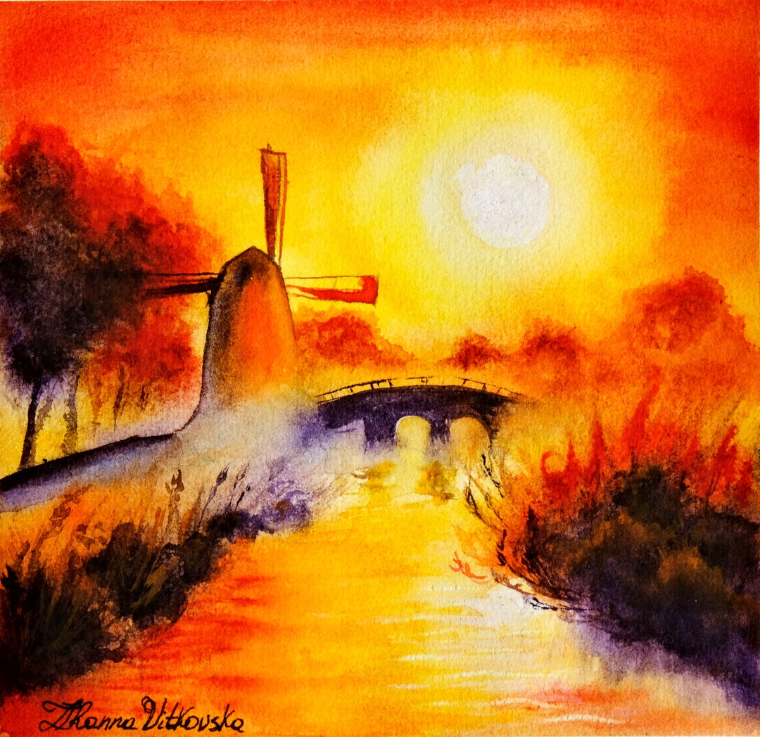 Original Watercolor Windmill Painting: Holland Sunset Landscape Art by ...