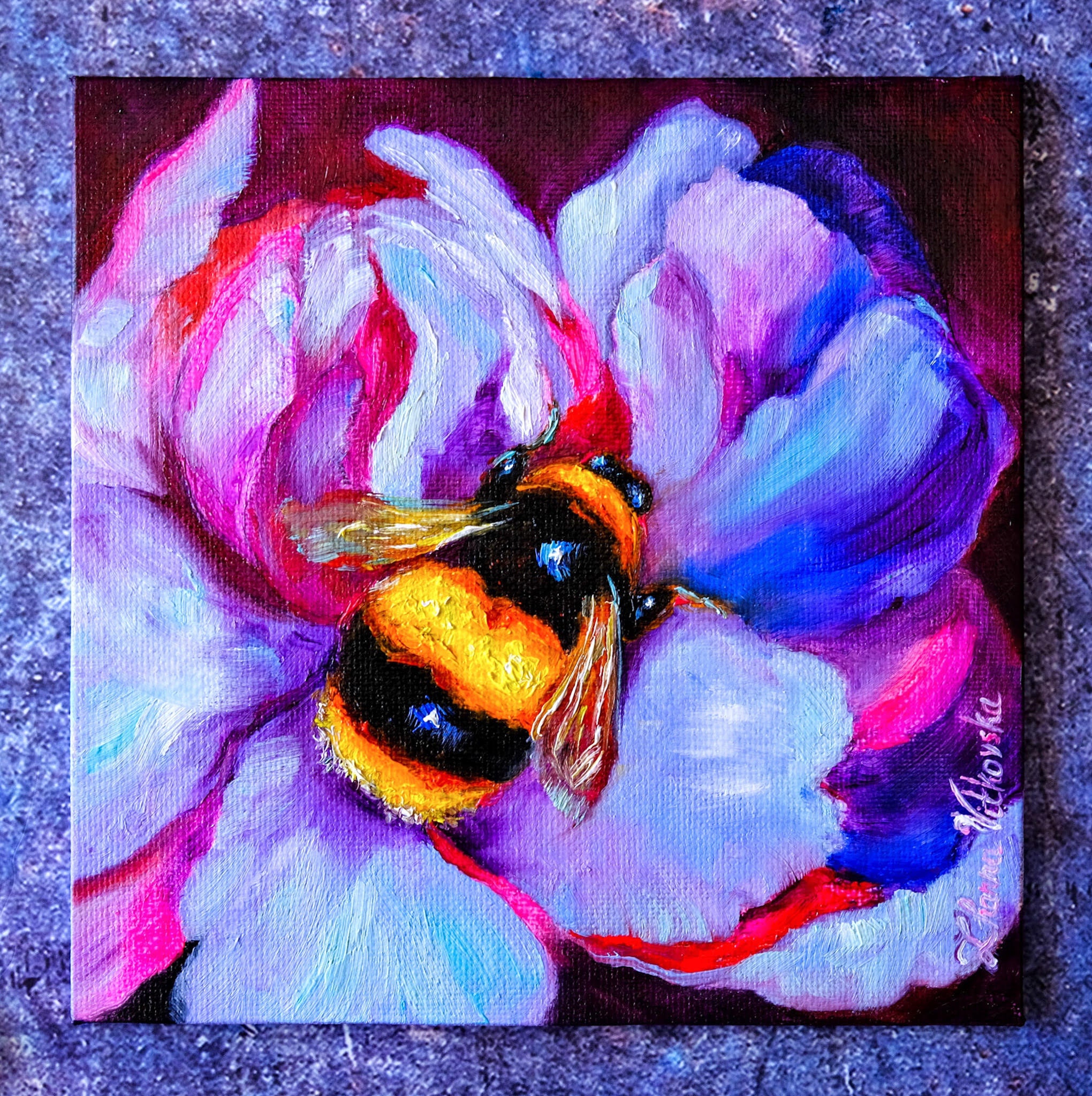 Bumblebee Painting Original Art Flower Artwork Bee Painting 6 by 6 by ...