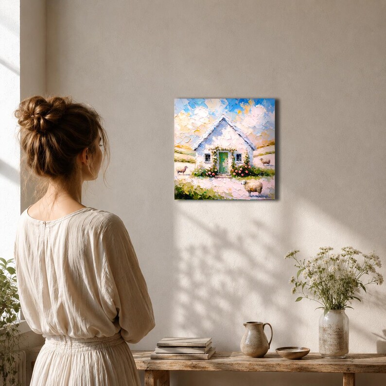 Irish Cottage Painting Original Art Sheep Artwork White Country English ...