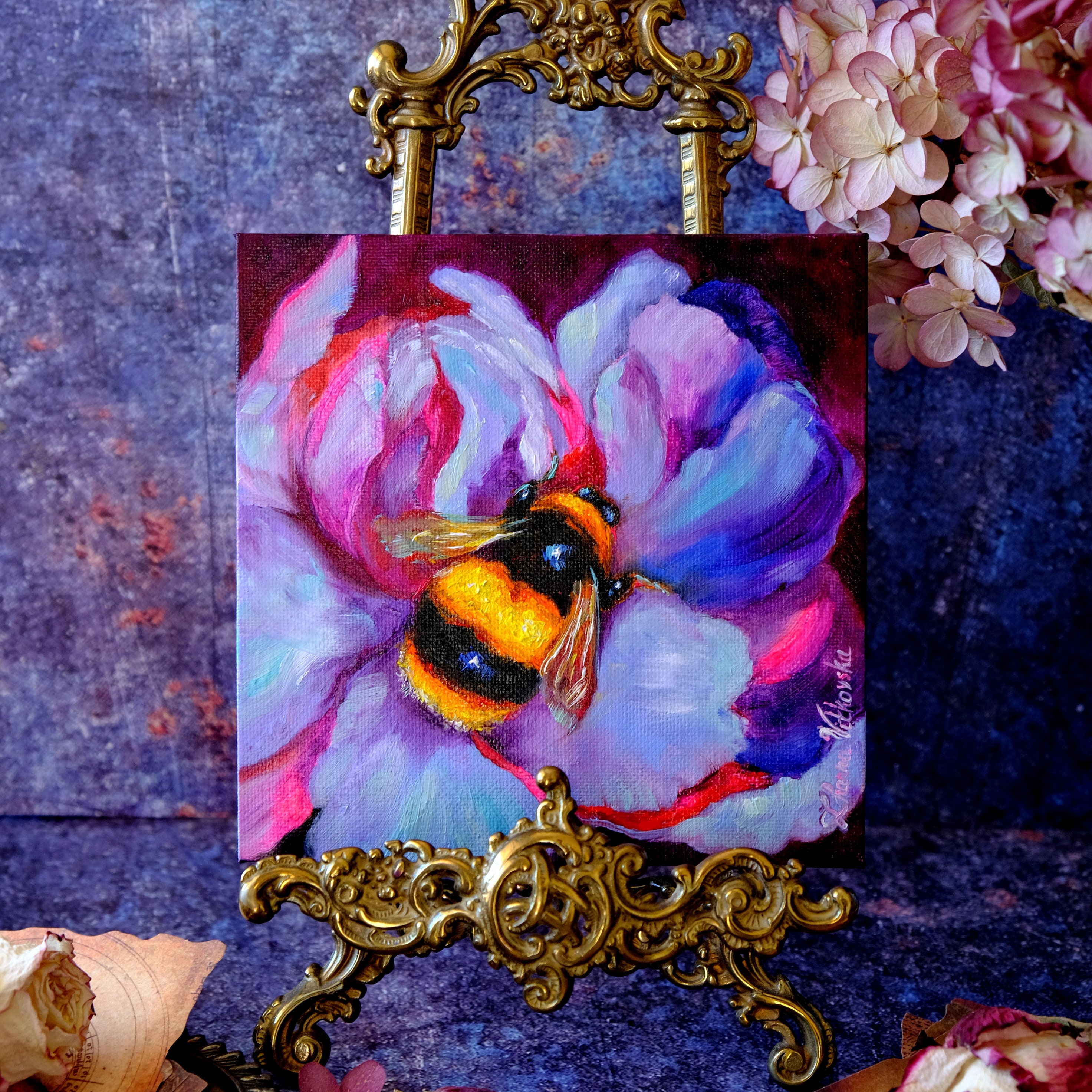 Bumblebee Painting Original Art Flower Artwork Bee Painting 6 by 6 by ...