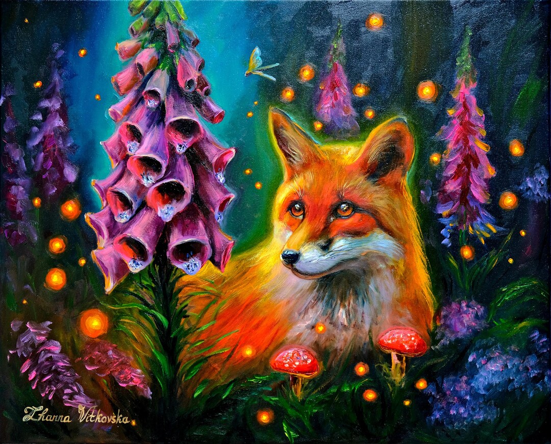 Fox Painting ORIGINAL Art Foxglow Flower Painting Animal Original ...