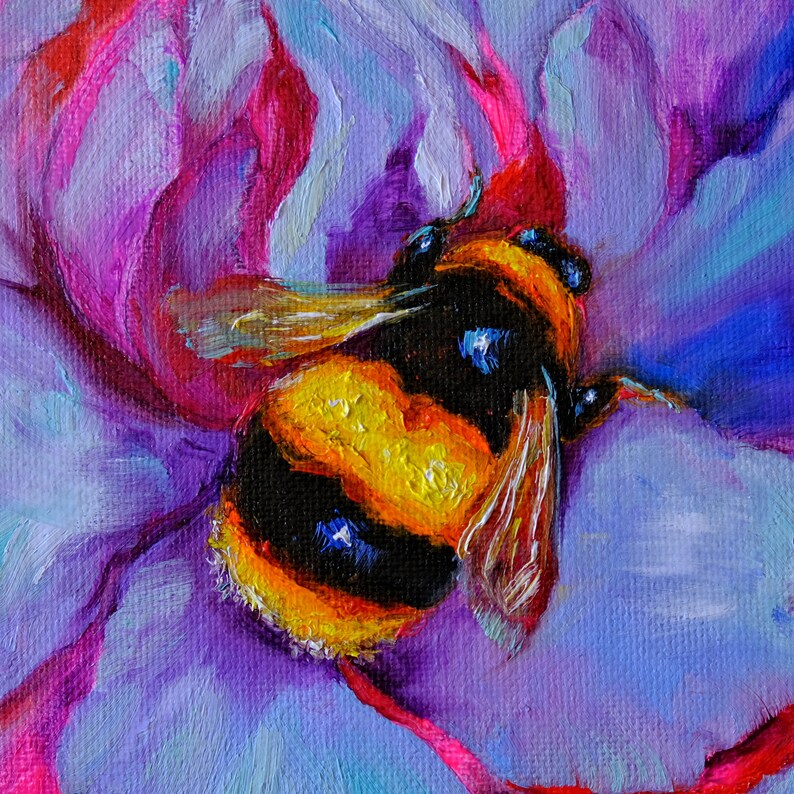 Bumblebee Painting Original Art Flower Artwork Bee Painting 6 by 6 by ...