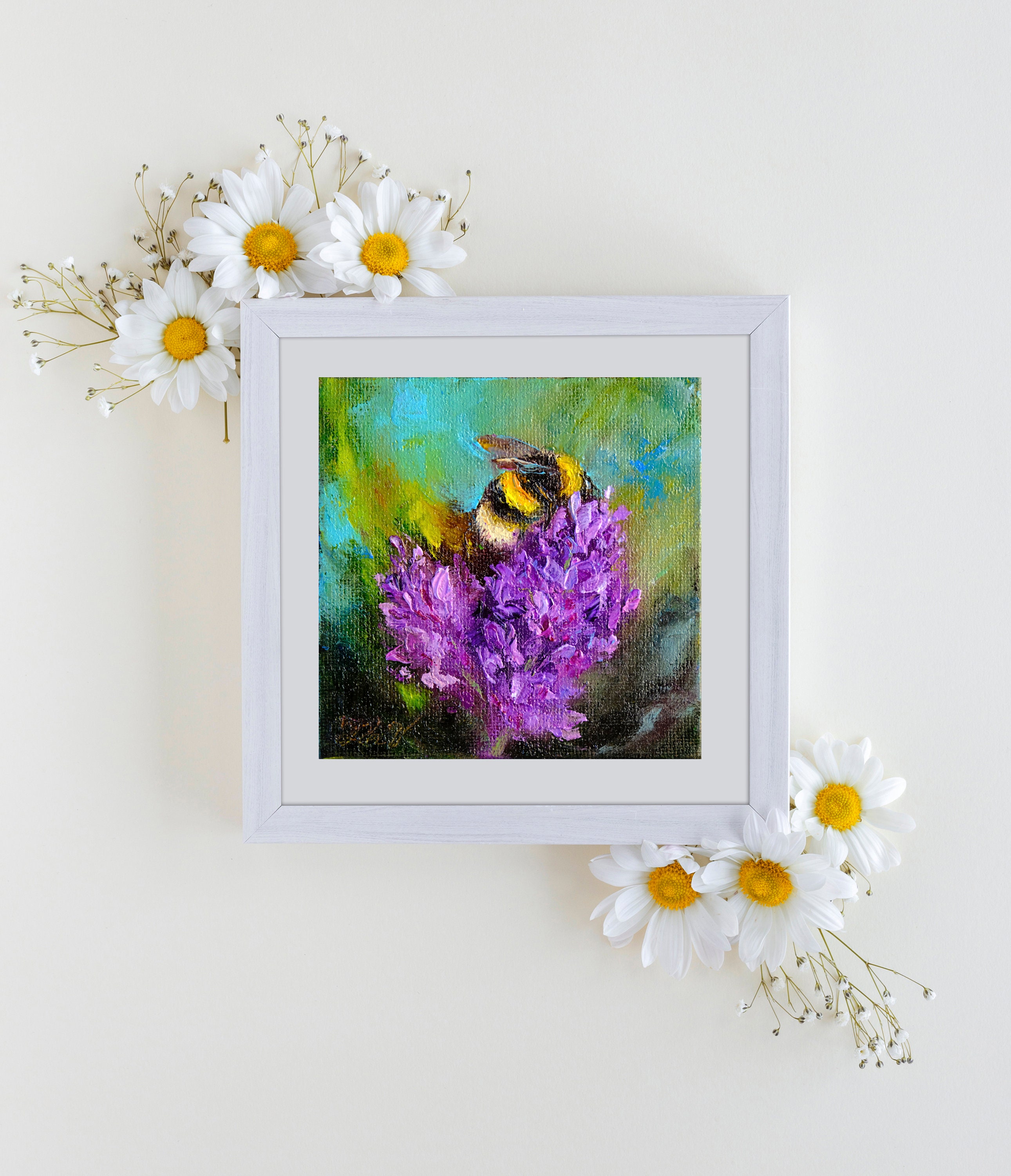 Bumblebee Painting Original Art Lavender Artwork Flower Painting Bee ...