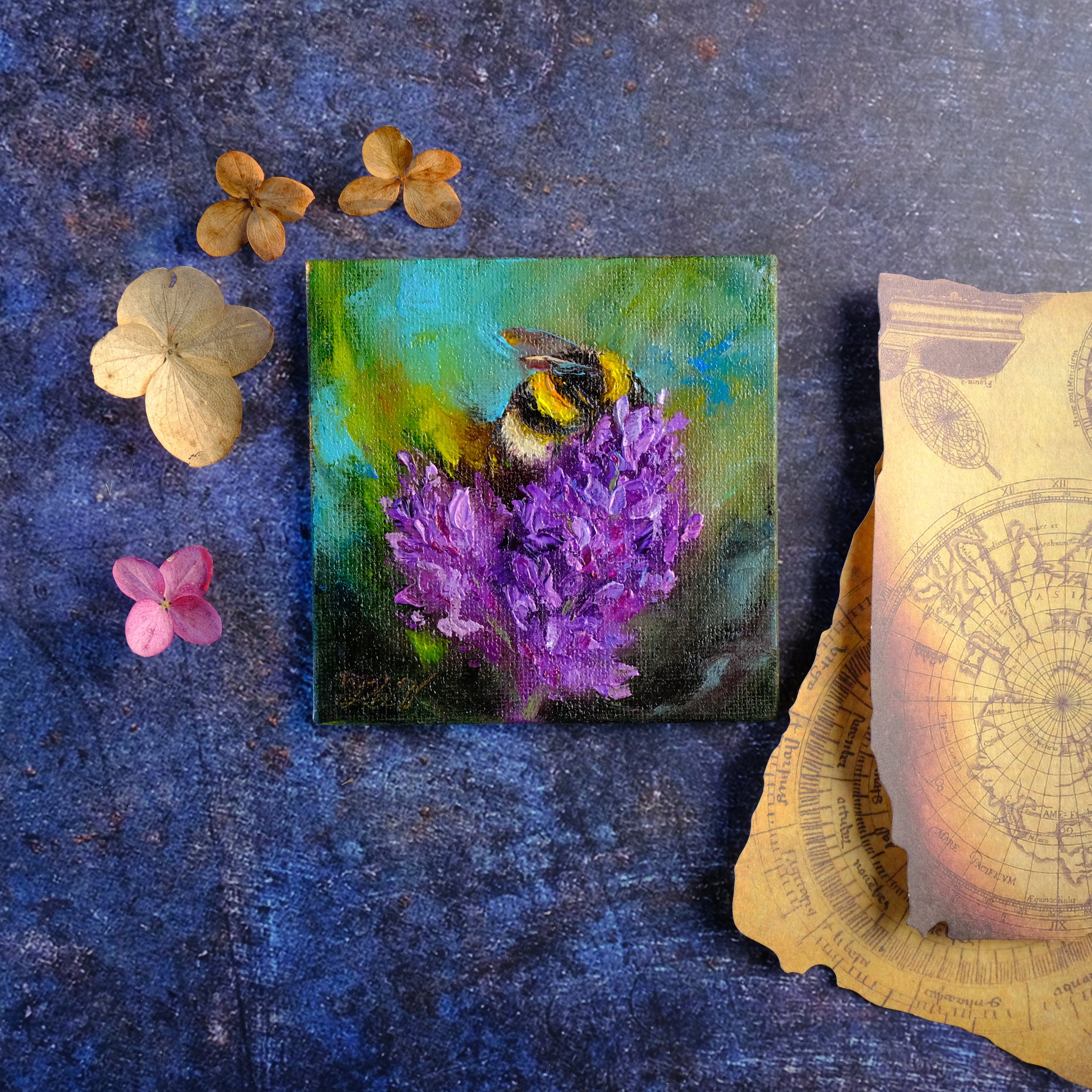 Bumblebee Painting Original Art Lavender Artwork Flower Painting Bee ...