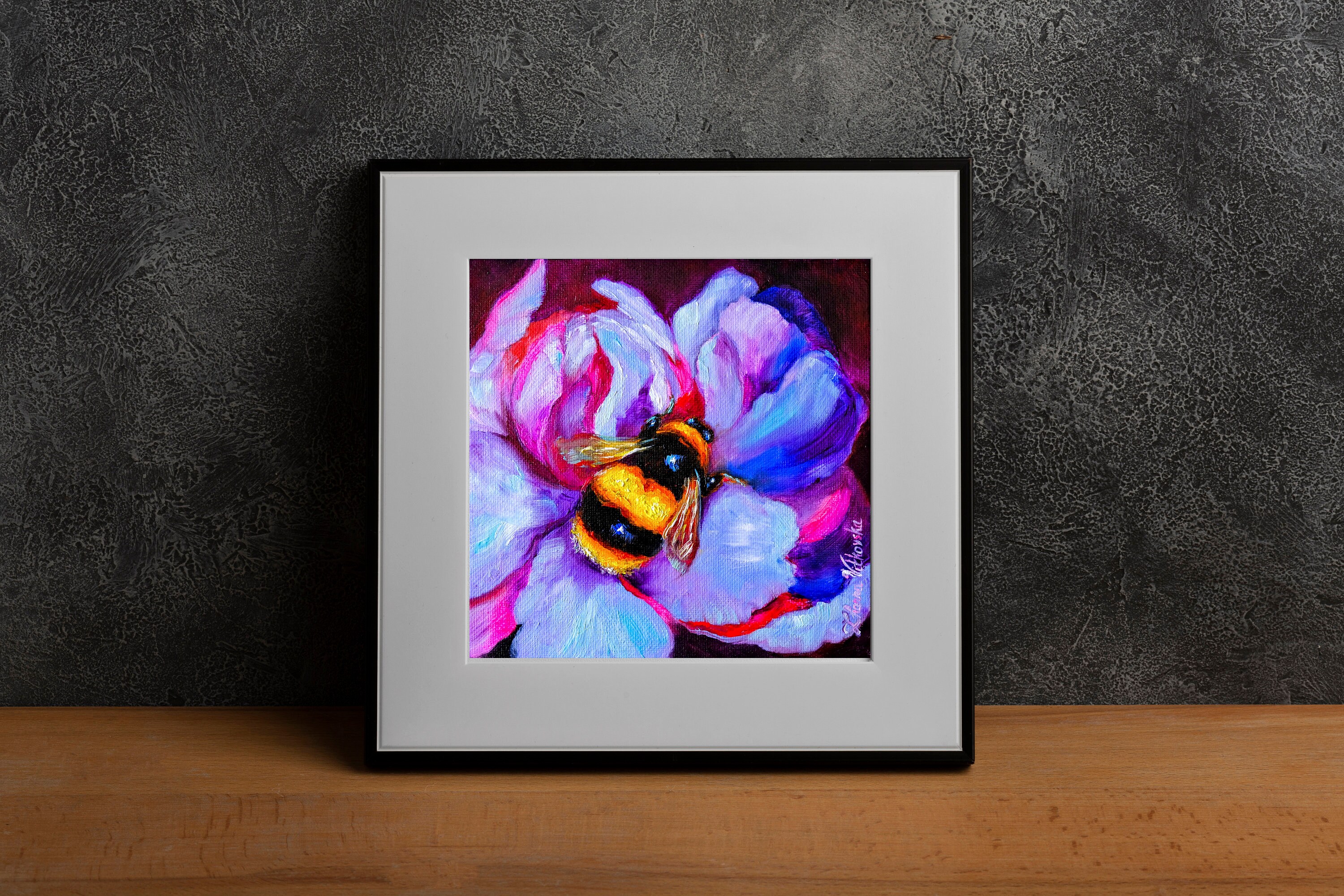 Bumblebee Painting Original Art Flower Artwork Bee Painting 6 by 6 by ...