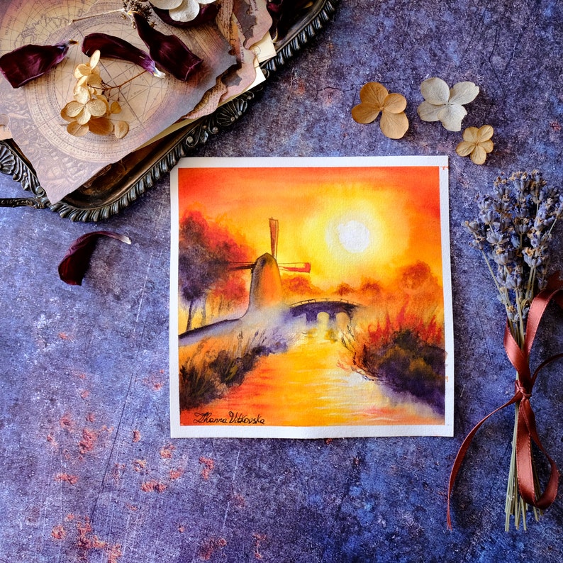 Windmill Painting Original Watercolor Holland Sunset Landscape Art by ...