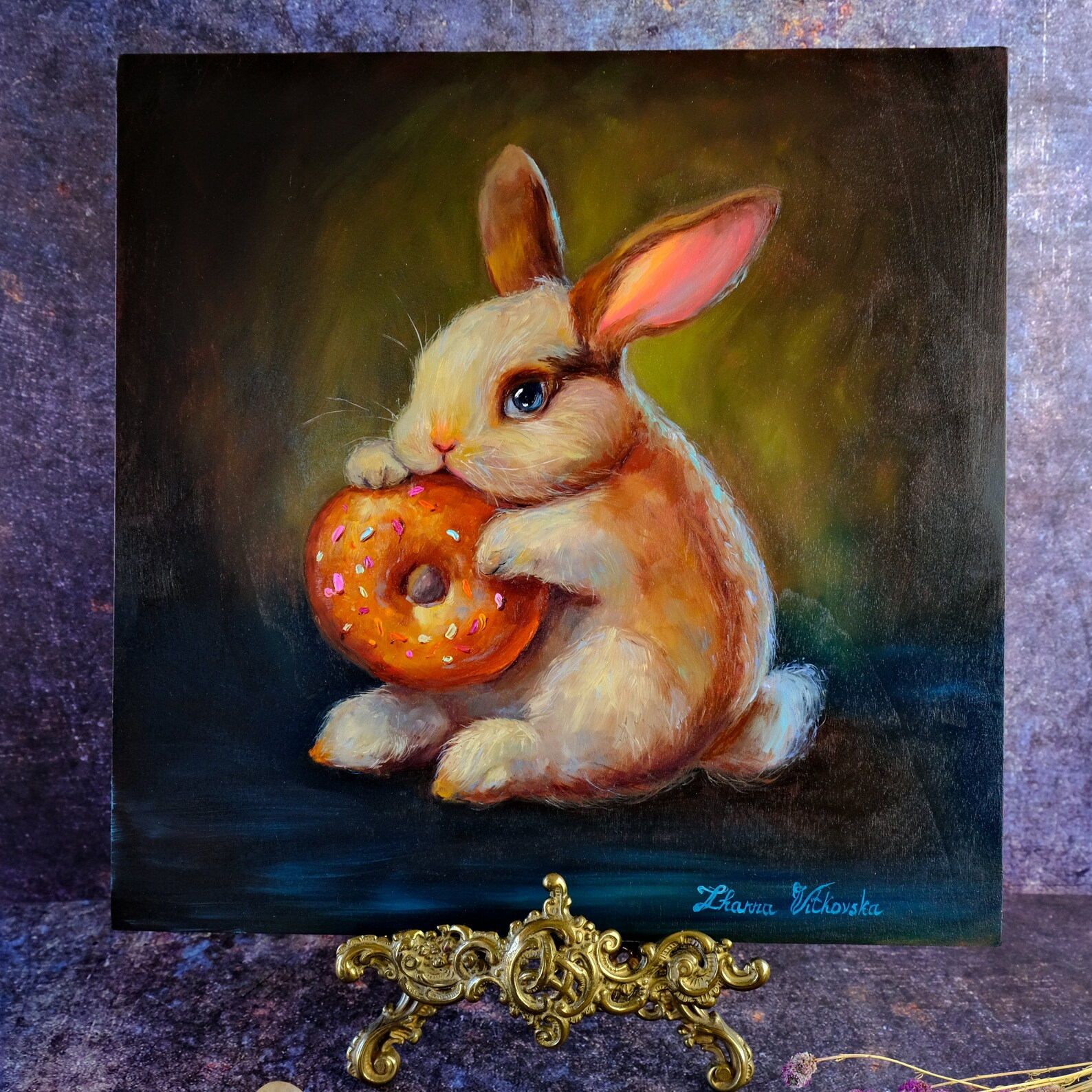 Rabbit Painting Original Art Donut Artwork Oil Painting Original ...