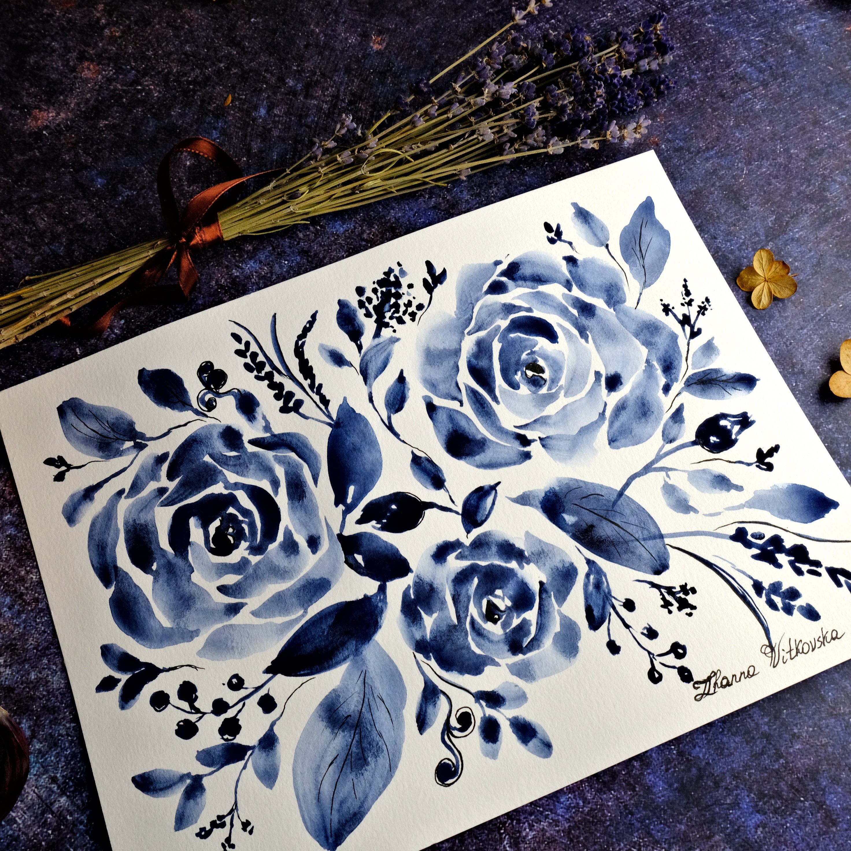 Blue Rose Painting Original Art Watercolor Rose Artwork Flower - Etsy