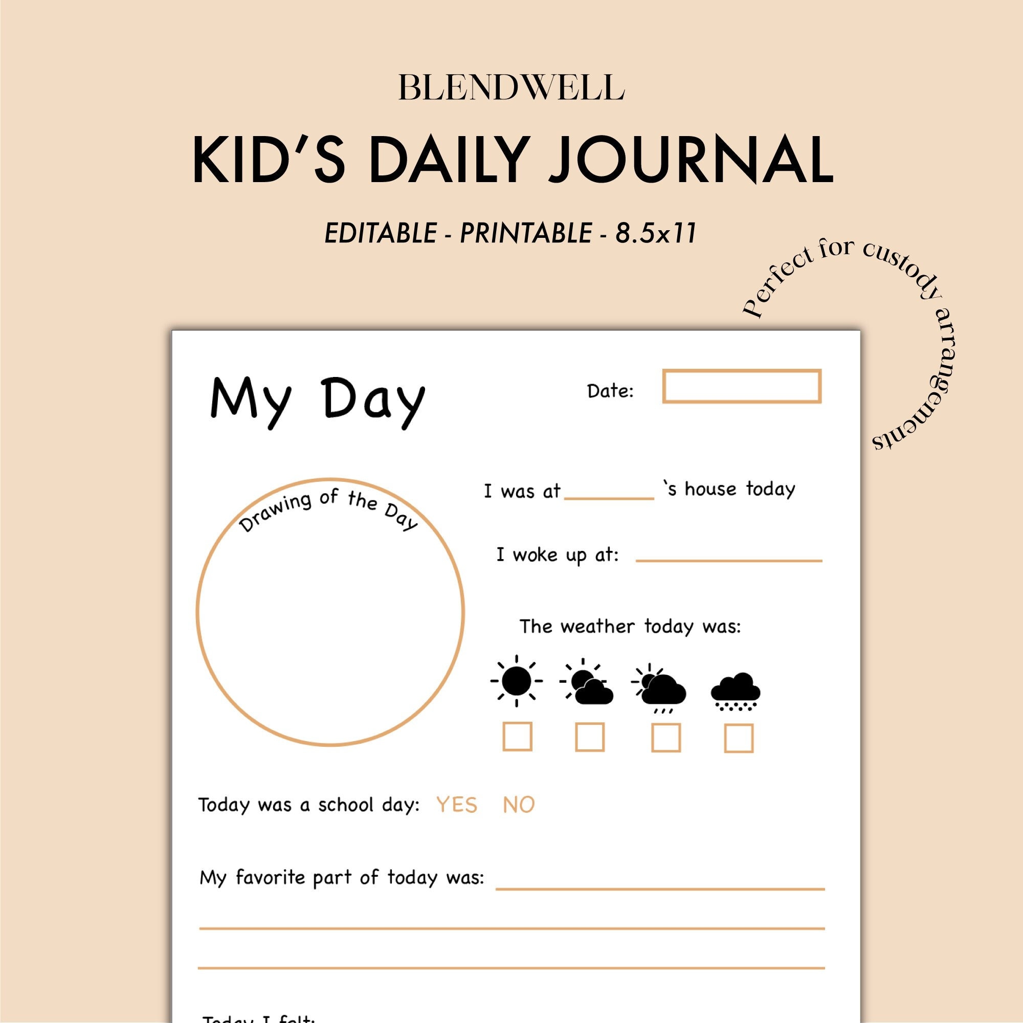Kids Daily Journal Printable | Custody Schedule Kids Diary | Diary for ...