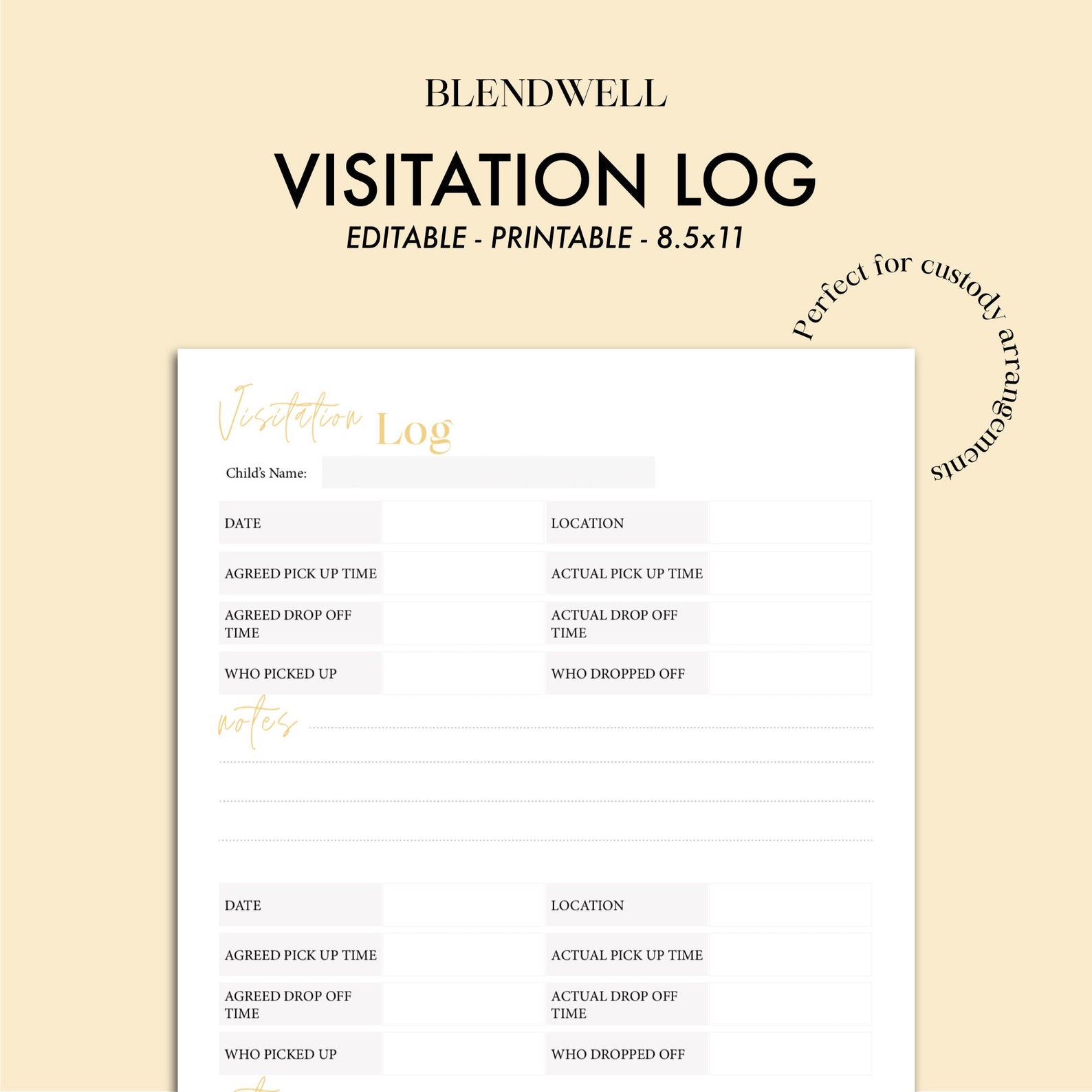 Visitation Log, Visitation Log for Custody Arrangements PDF, Custody ...