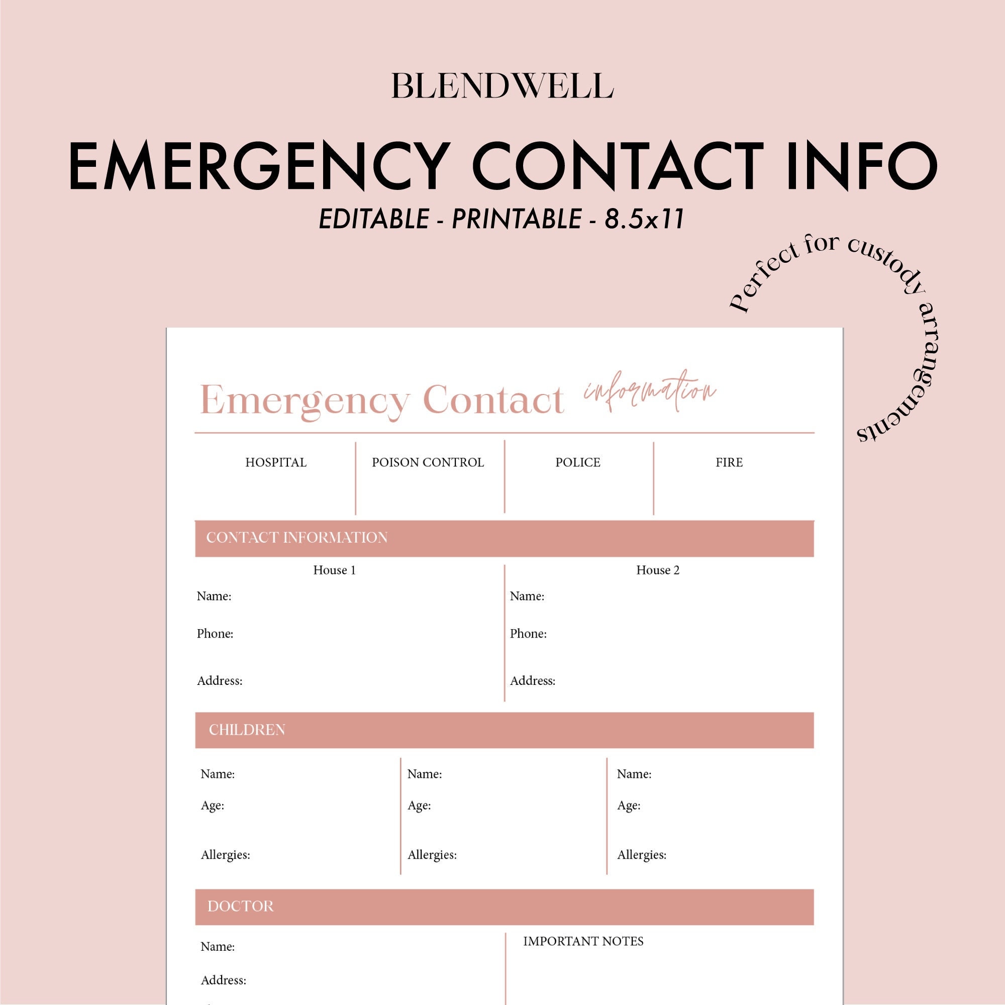 Emergency Contact Information Printable for Babysitters, Custody ...