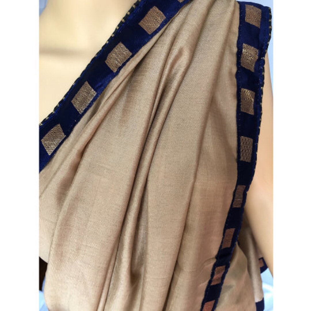 Chloe Unstitched Beige and Navy Blue Saree - Etsy