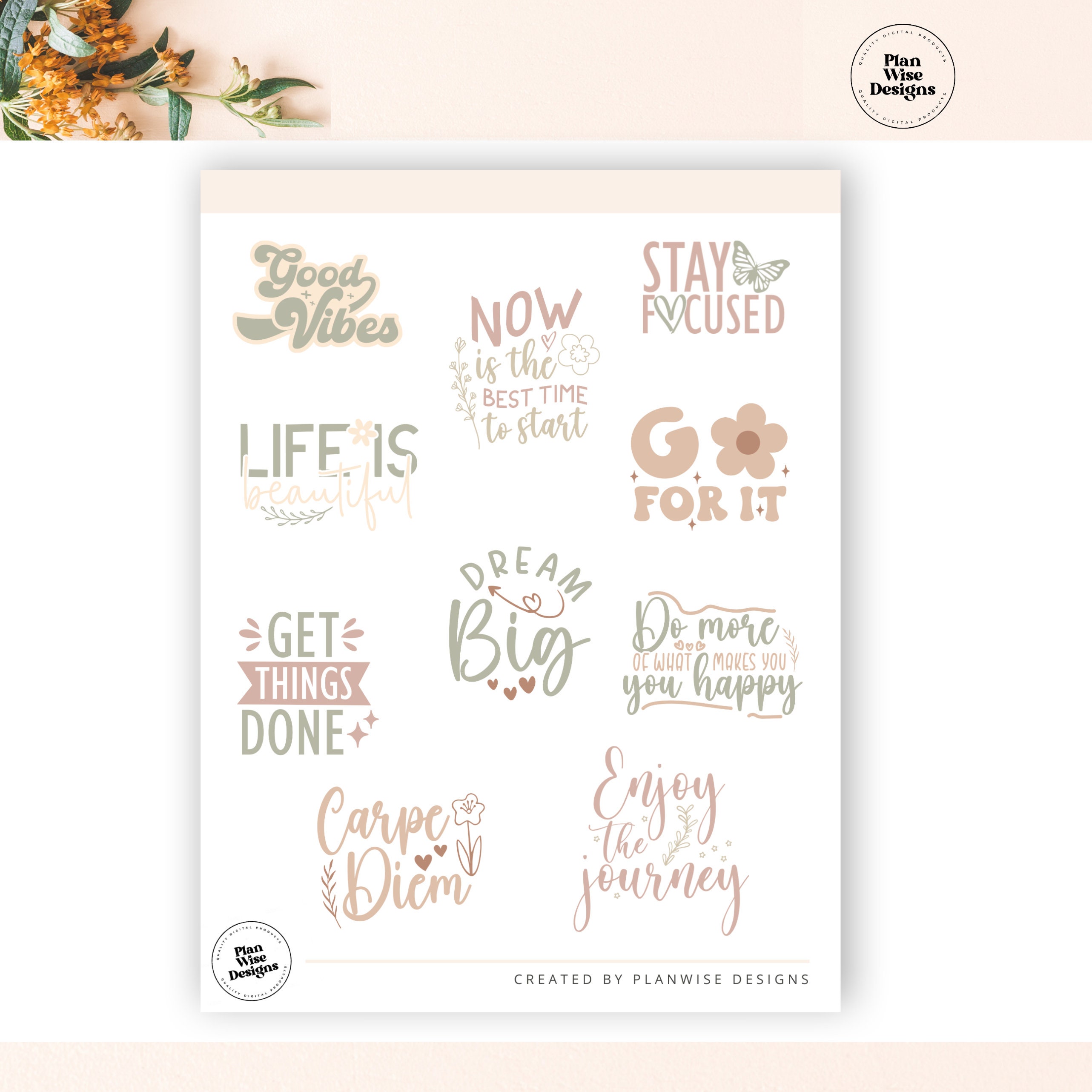 Digital Stickers Pack Motivational Quotes SVG Bundle PNG Planner ...