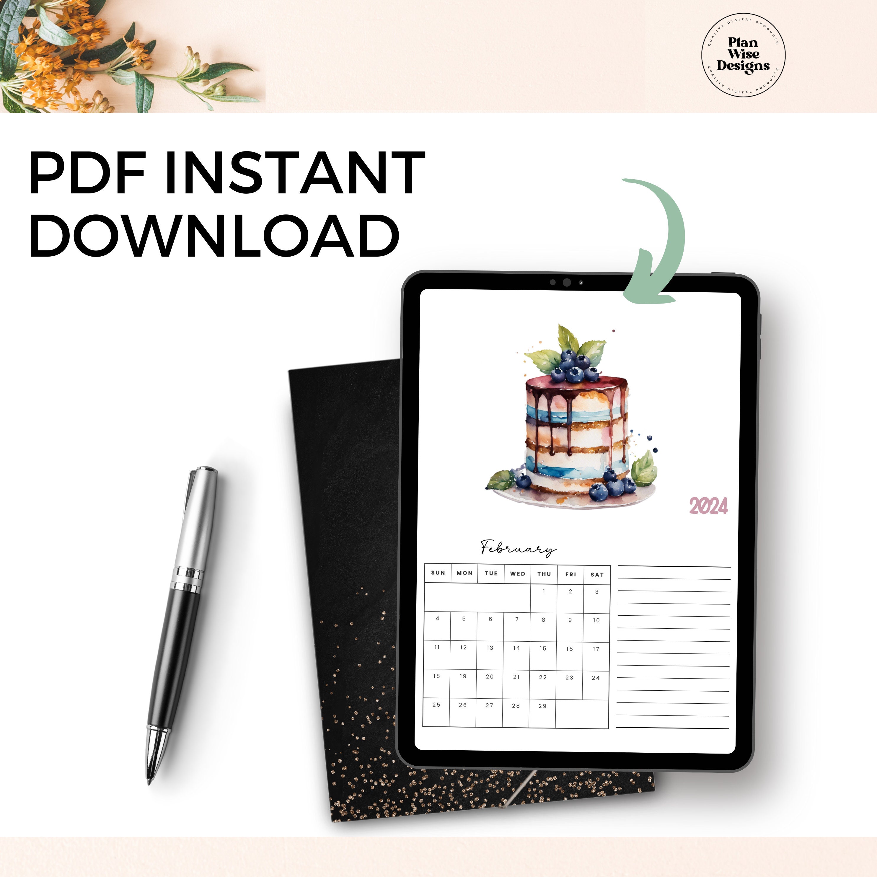 PRINTABLE 2024 Monthly Calendar Food Watercolor Illustrations in 2 ...