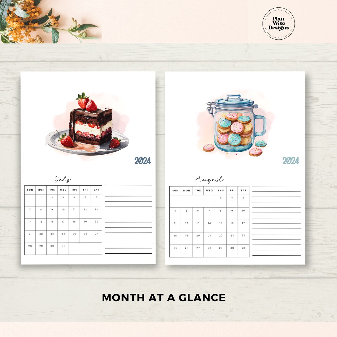 PRINTABLE 2024 Monthly Calendar Food Watercolor Illustrations in 2 ...