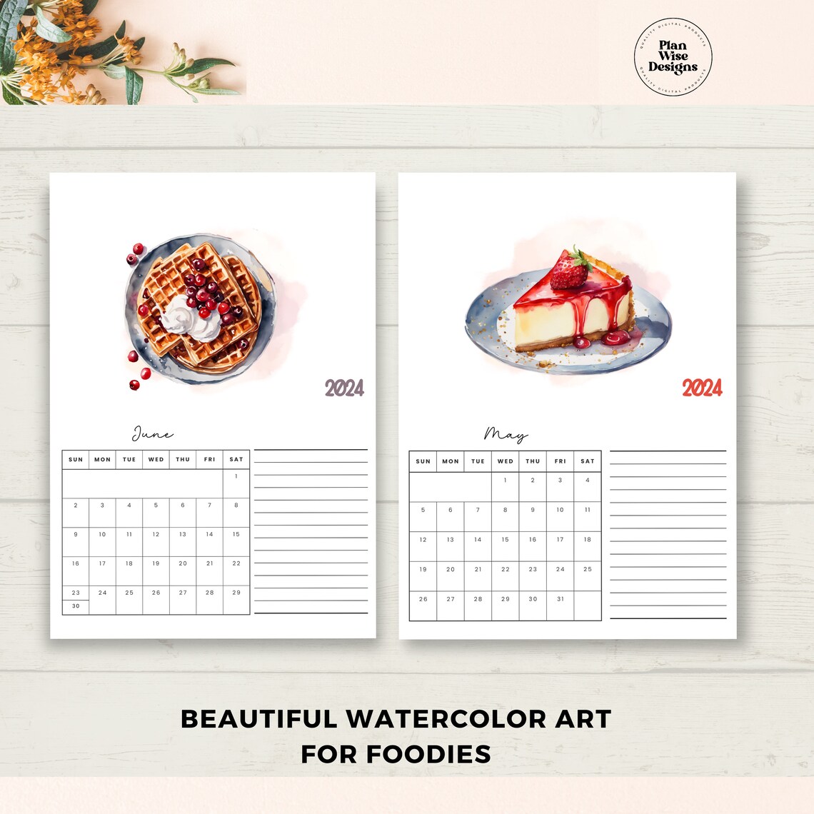 PRINTABLE 2024 Monthly Calendar Food Watercolor Illustrations in 2 ...