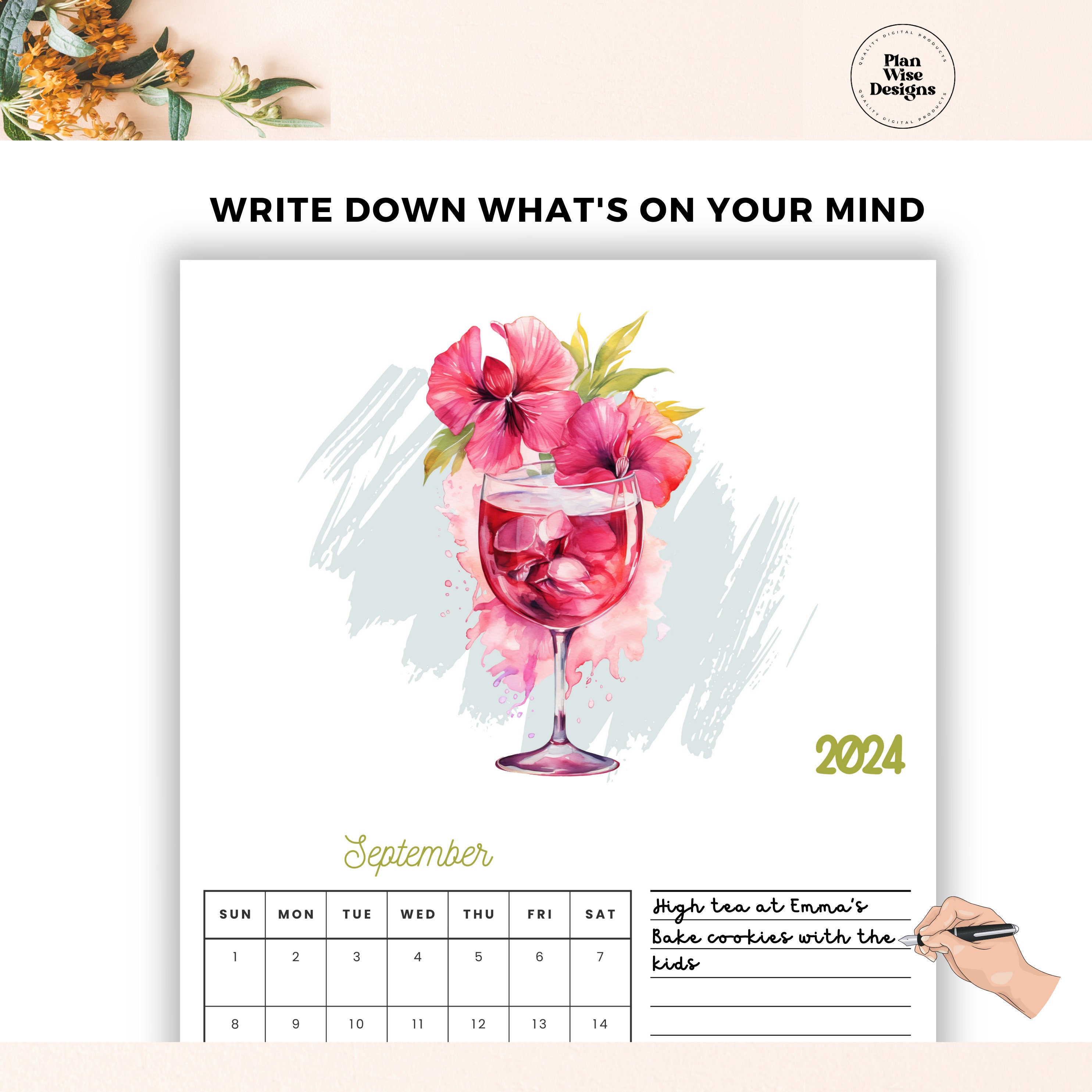 PRINTABLE 2024 Monthly Calendar Cocktail Watercolor - Etsy UK
