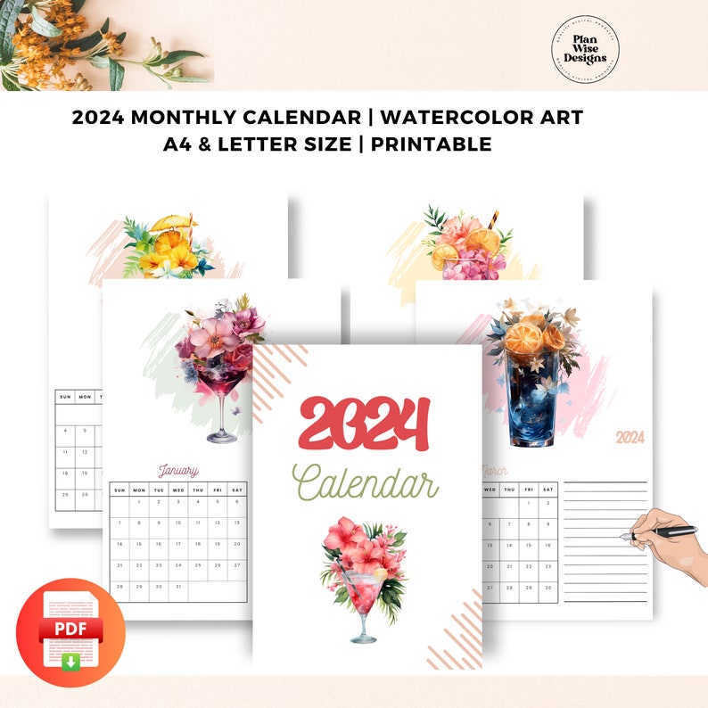PRINTABLE 2024 Monthly Calendar Cocktail Watercolor - Etsy UK