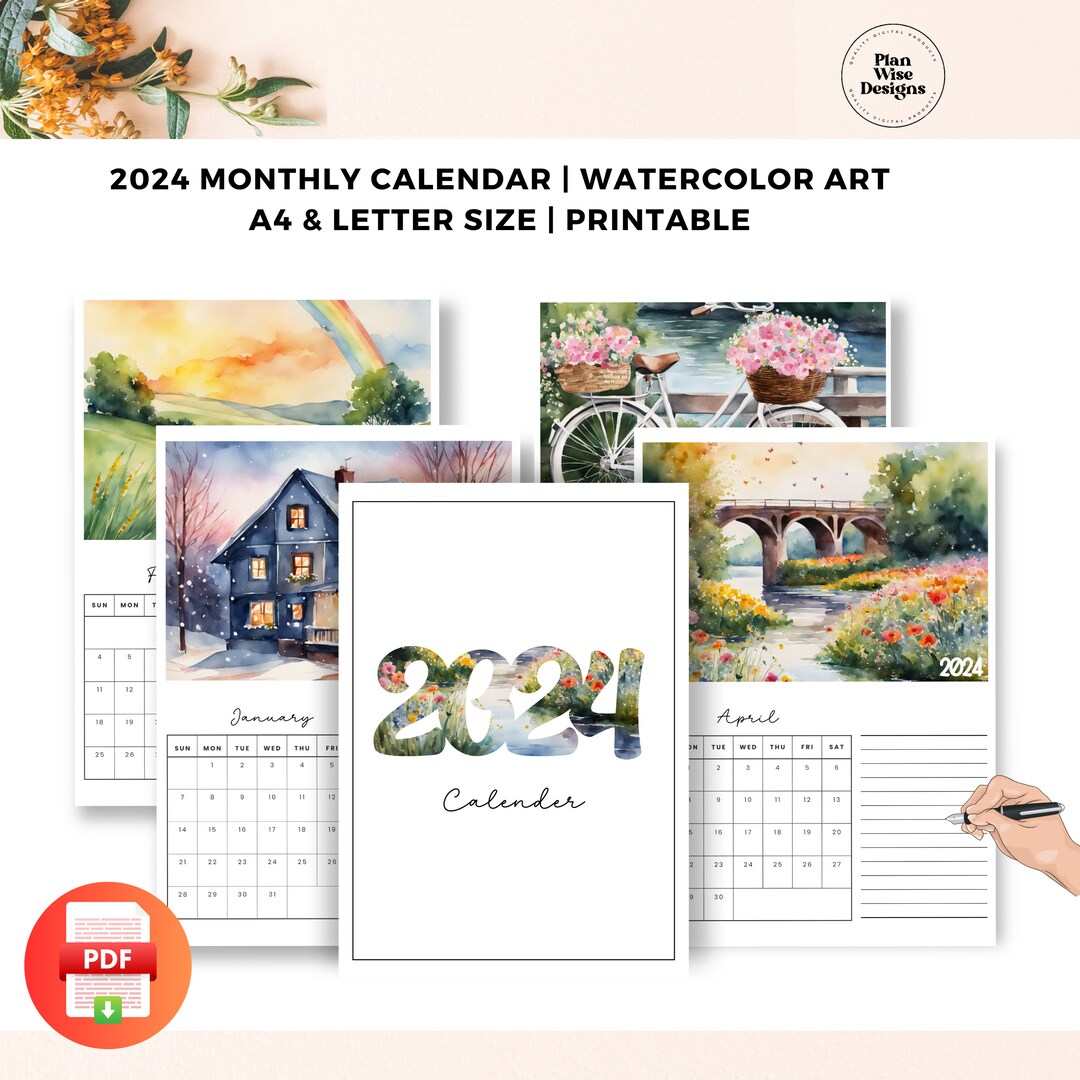 PRINTABLE 2024 Monthly Calendar Watercolor Illustrations in 2 Sizes ...
