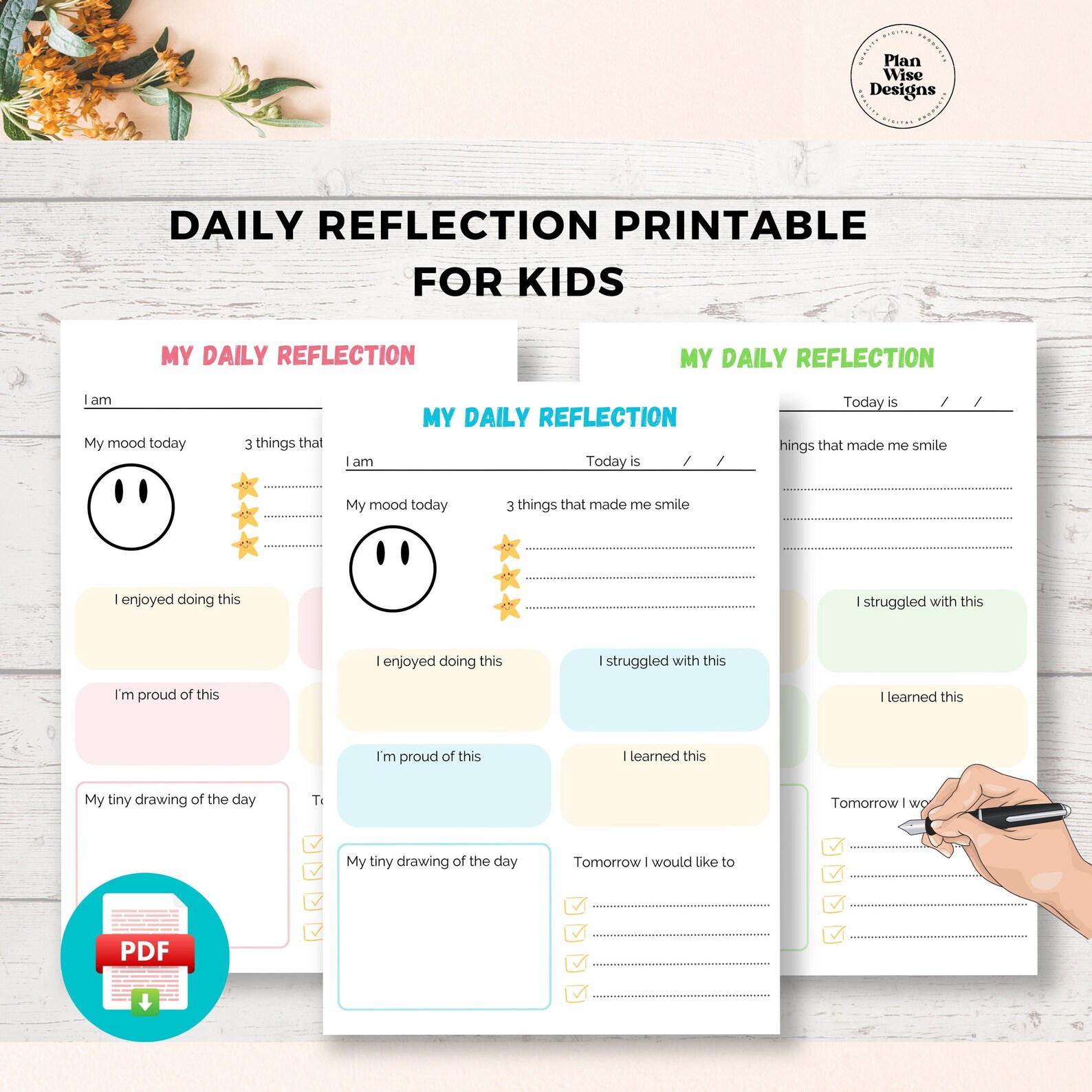 Daily Reflection Printable for Children Activity Self Discovery Kids Growth Journal Writing PDF ...