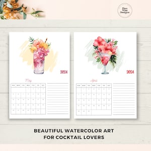 PRINTABLE 2024 Monthly Calendar Cocktail Watercolor - Etsy UK