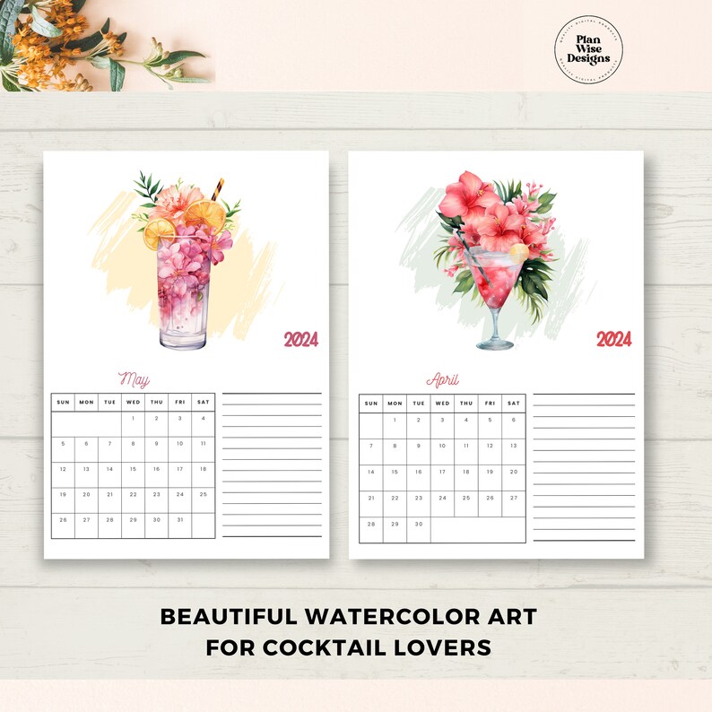 PRINTABLE 2024 Monthly Calendar Cocktail Watercolor Illustrations in 2 ...