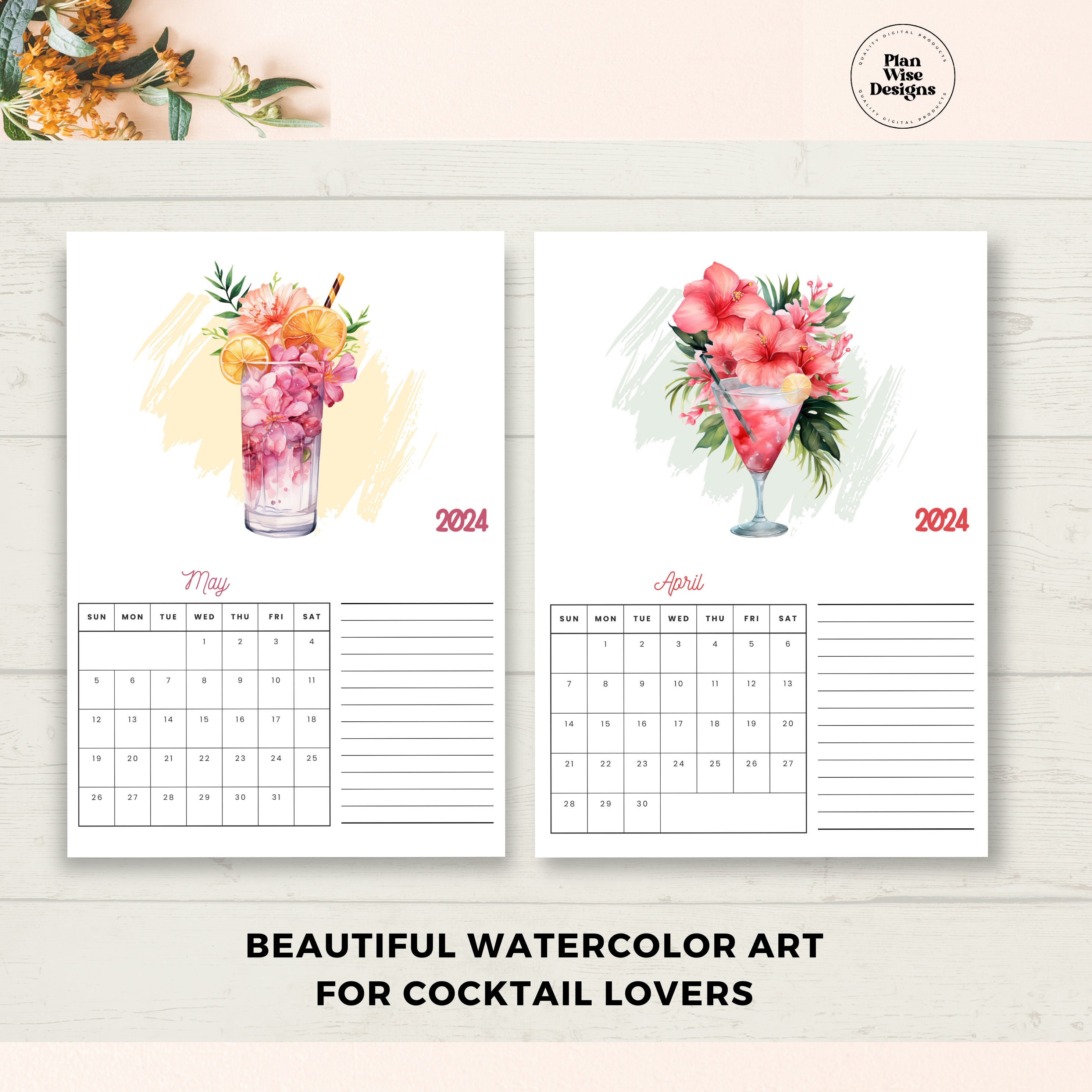 PRINTABLE 2024 Monthly Calendar Cocktail Watercolor - Etsy UK