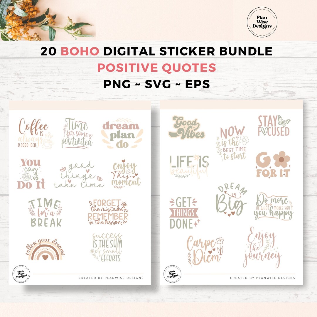Digital Stickers Pack Motivational Quotes SVG Bundle PNG Planner ...